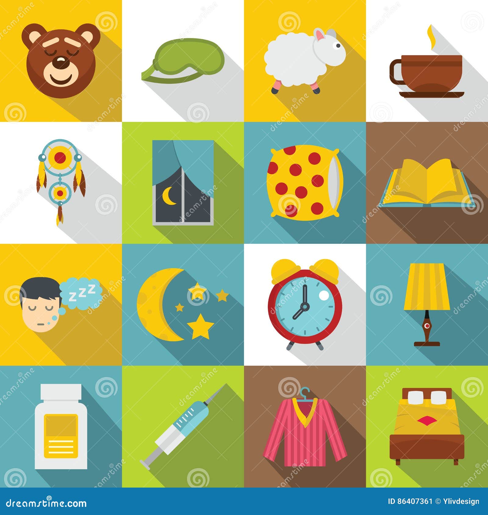 Sleep Icons Set, Flat Style Stock Vector - Illustration of night, hotel ...