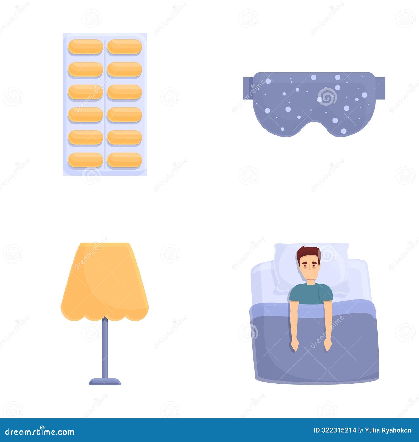 Sleep Problem Icons Set Cartoon Vector. Man Lies in Bed and Cannot ...