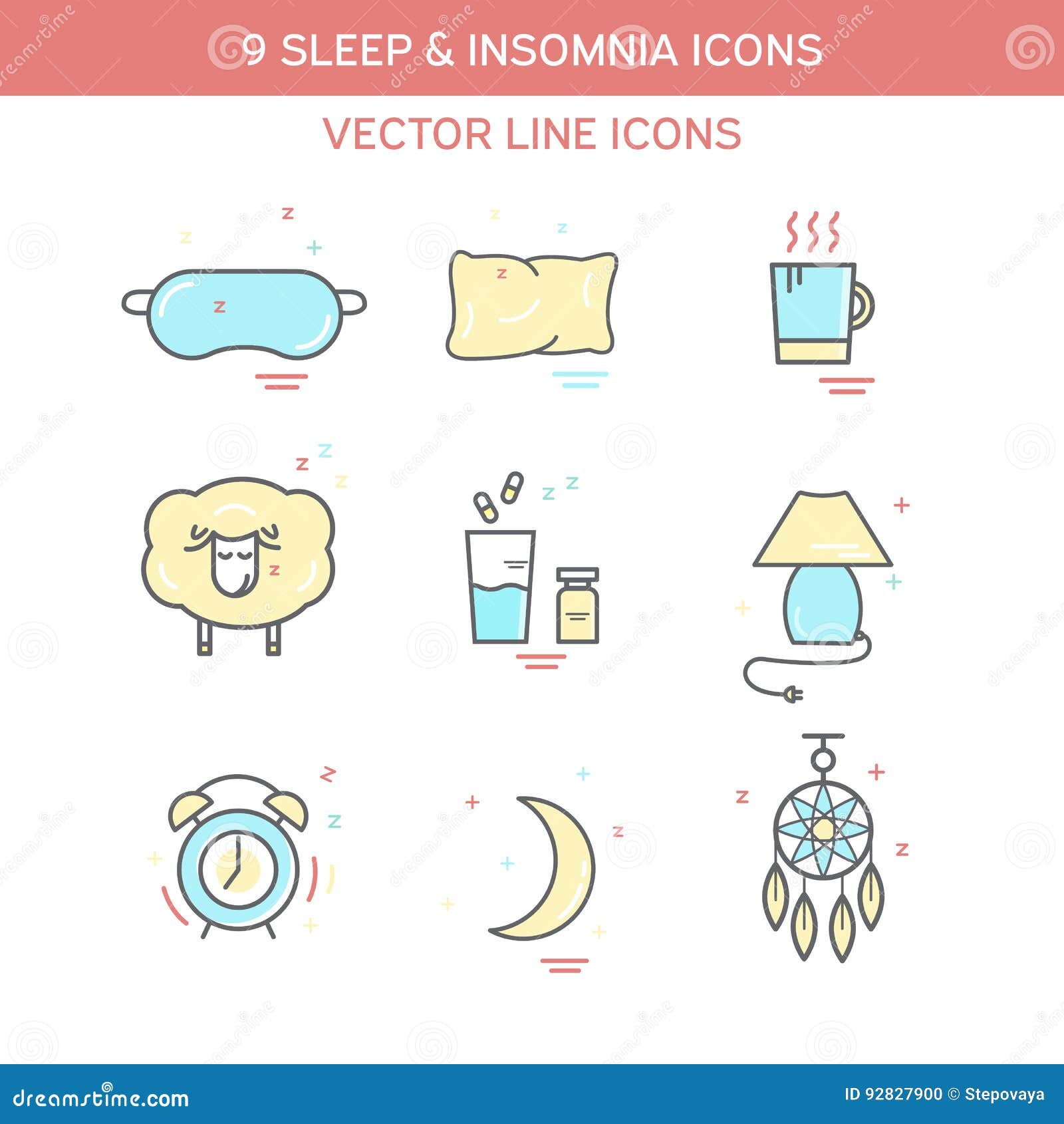 Sleep Problems and Insomnia Symbols. Color Icon Set in Line Style Stock ...