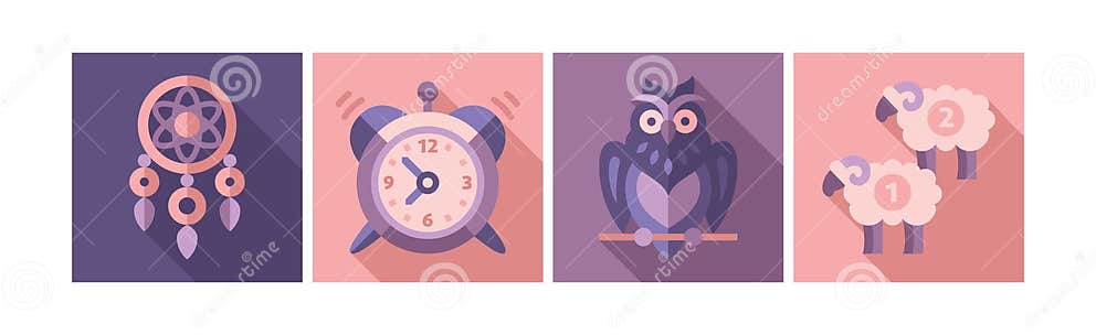 Sleep Time Flat Icons and Object in Square Shape Vector Set Stock ...