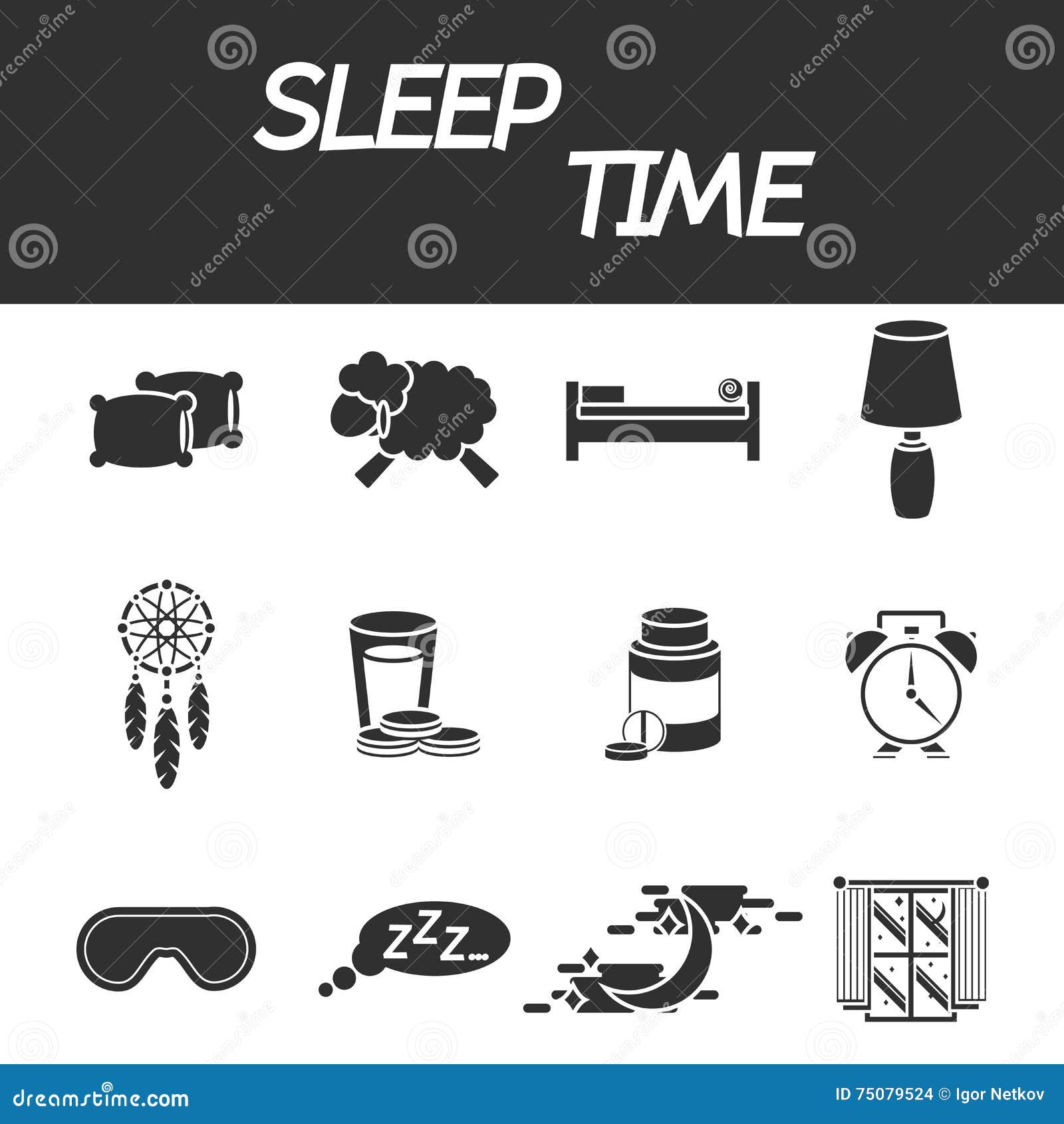 Sleep time icon set stock vector. Illustration of rest - 75079524