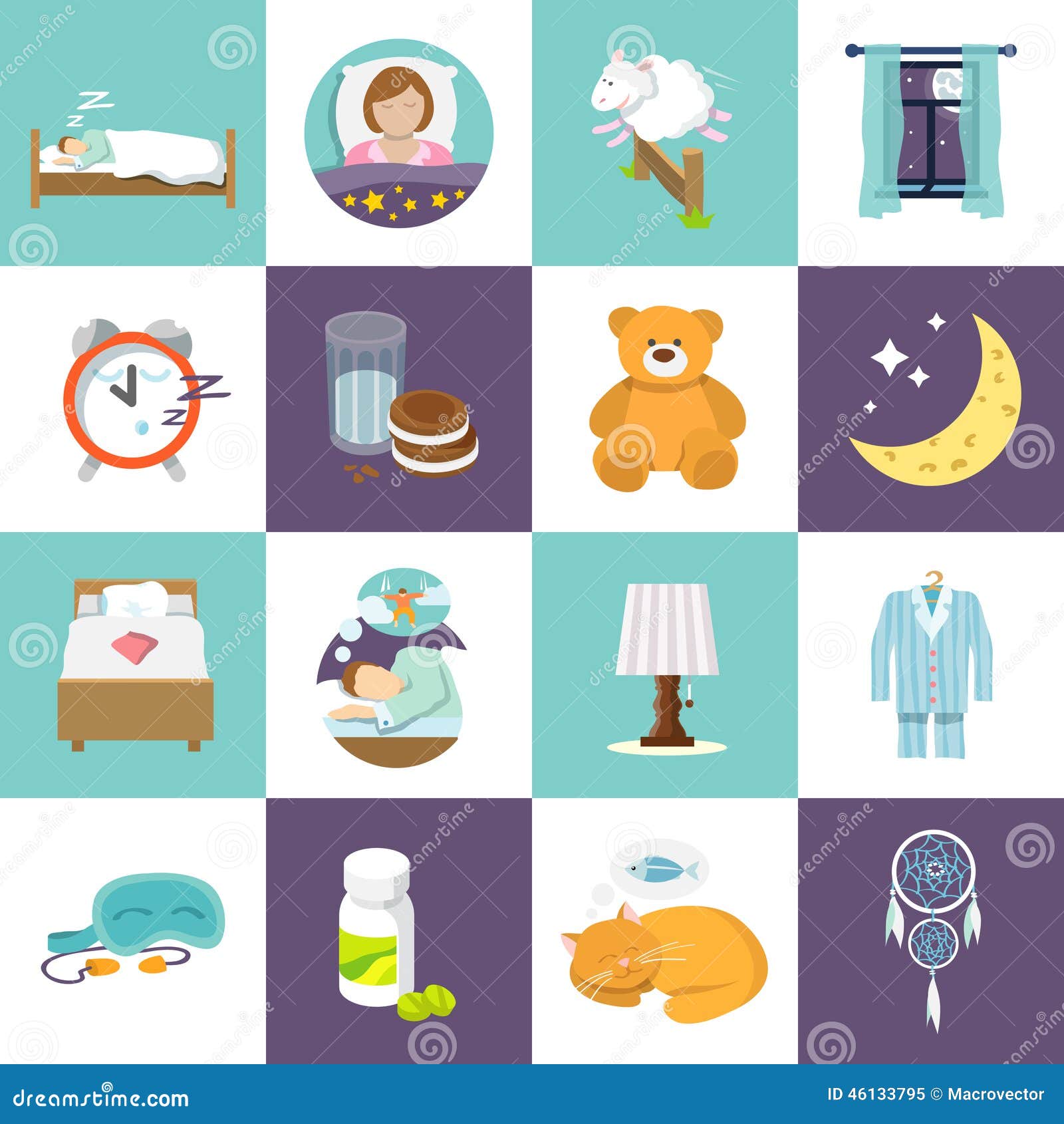 Sleep time icons flat stock vector. Illustration of pictogram - 46133795