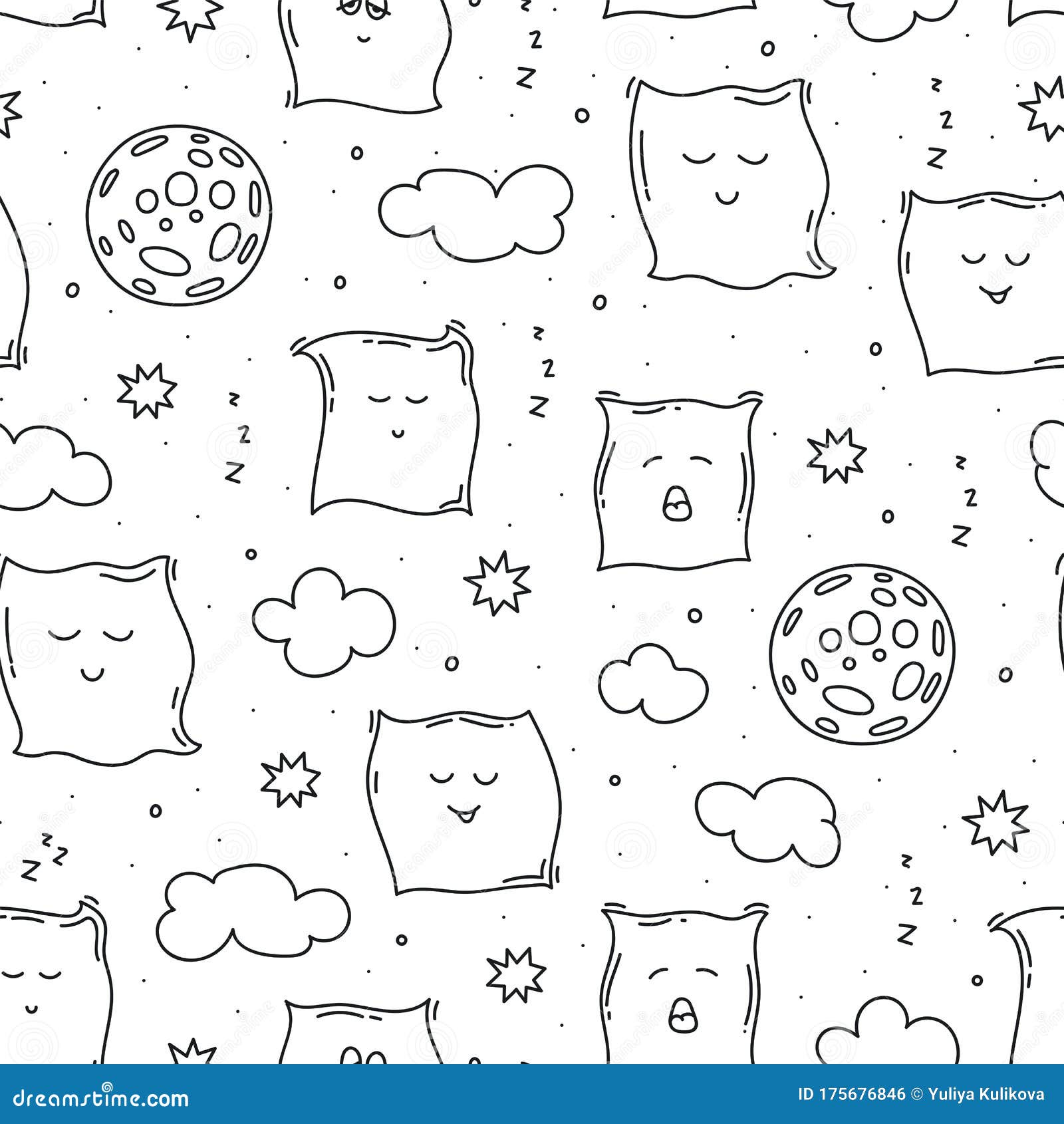 Sleep Time Seamless Pattern with Pillows, Clouds, Stars and Moon. Stock ...