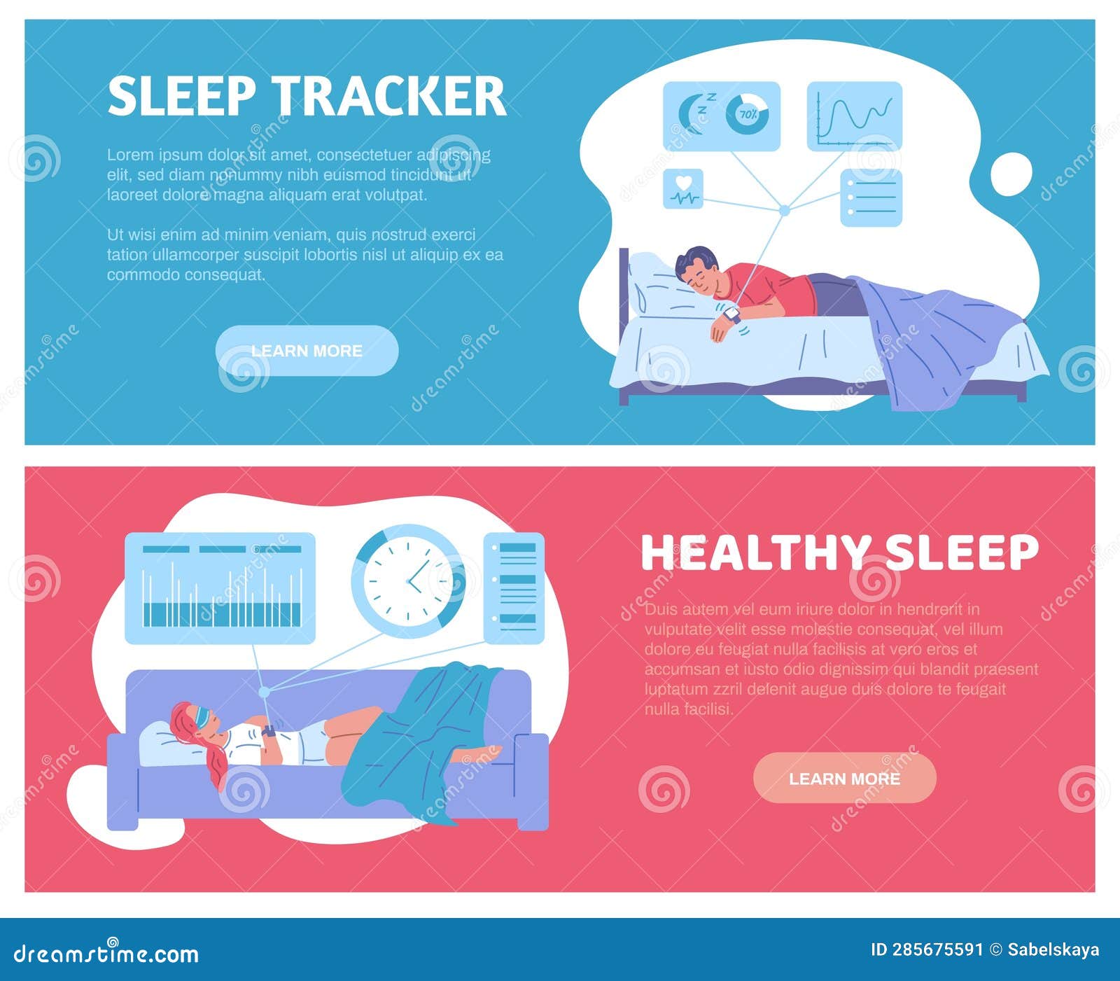 Sleep Tracker App Advertising Web Banners Set, Flat Vector Illustration ...