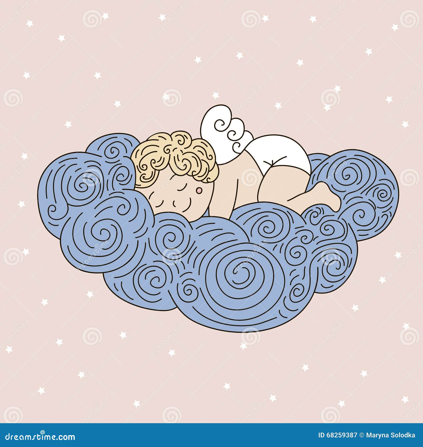 Sleeping Angel on Cloud. Vector Hand Drawn Illustration with Sle Stock ...
