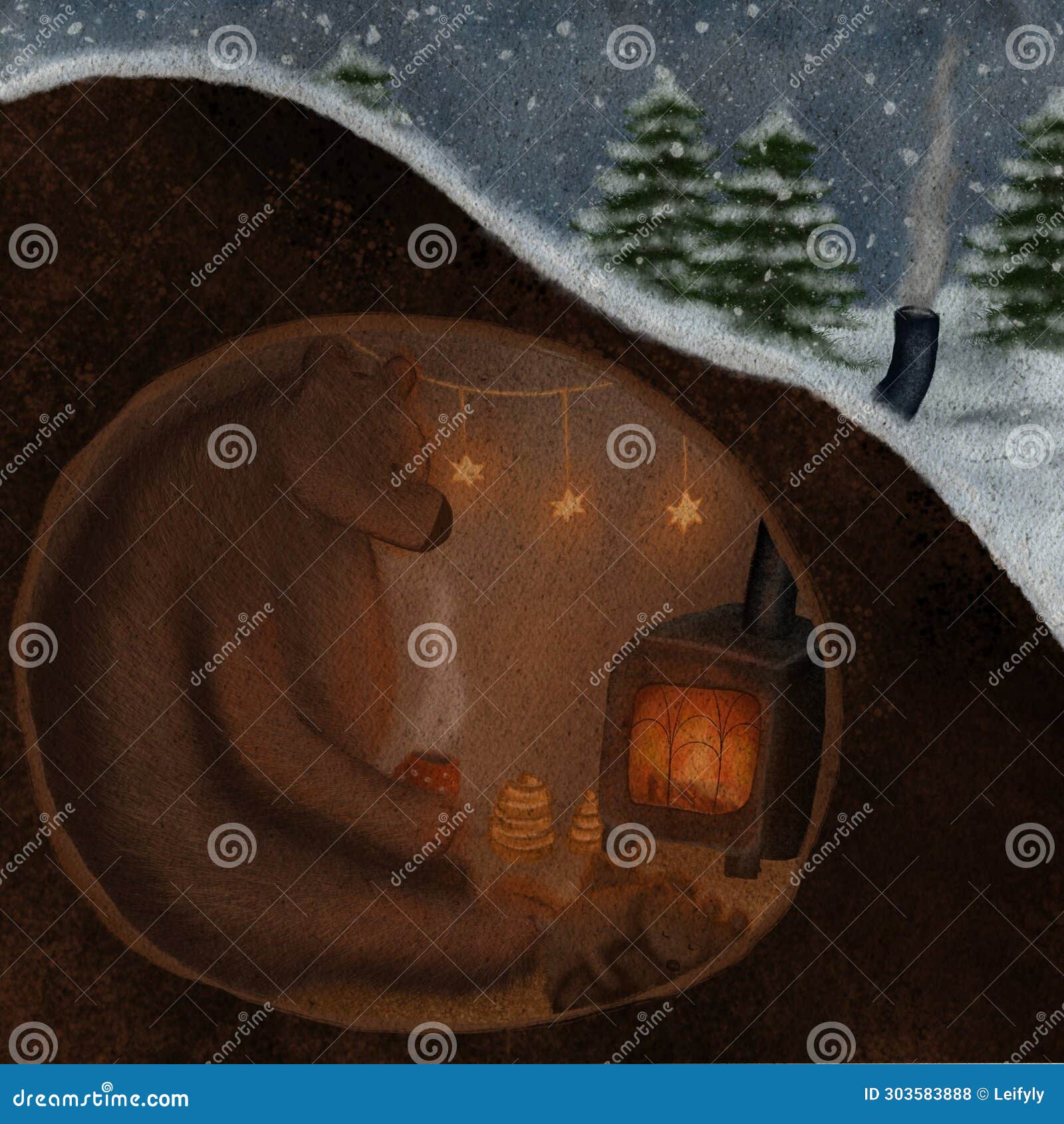 Sleeping Bear in the Burrow Winter Forest Trees, Snow is Falling ...