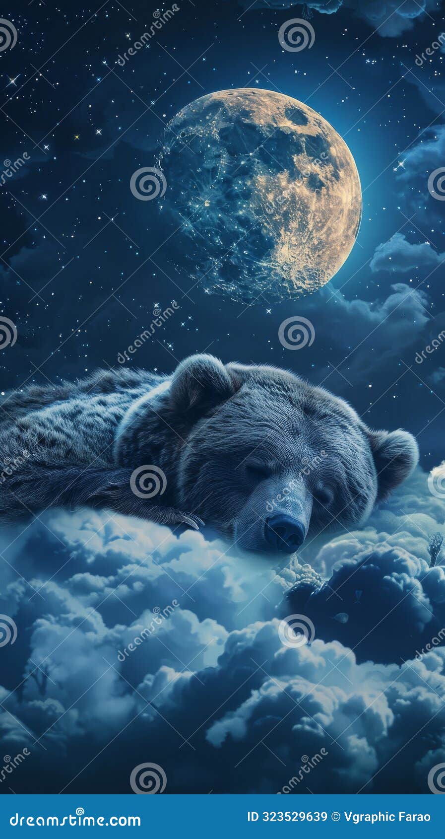 Sleeping Bear on Clouds Under Full Moon and Starry Sky, Whimsical ...