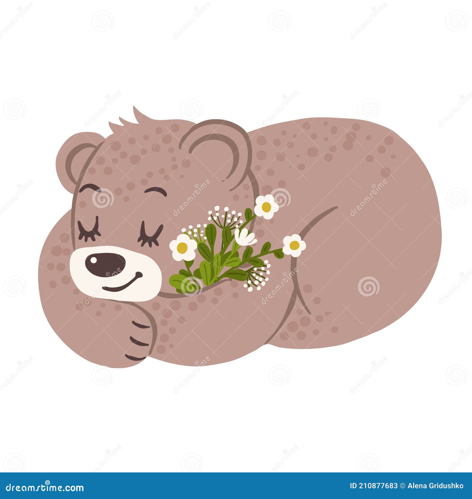 Sleeping Bear with Spring Flowers, Vector Cartoon Stock Vector ...