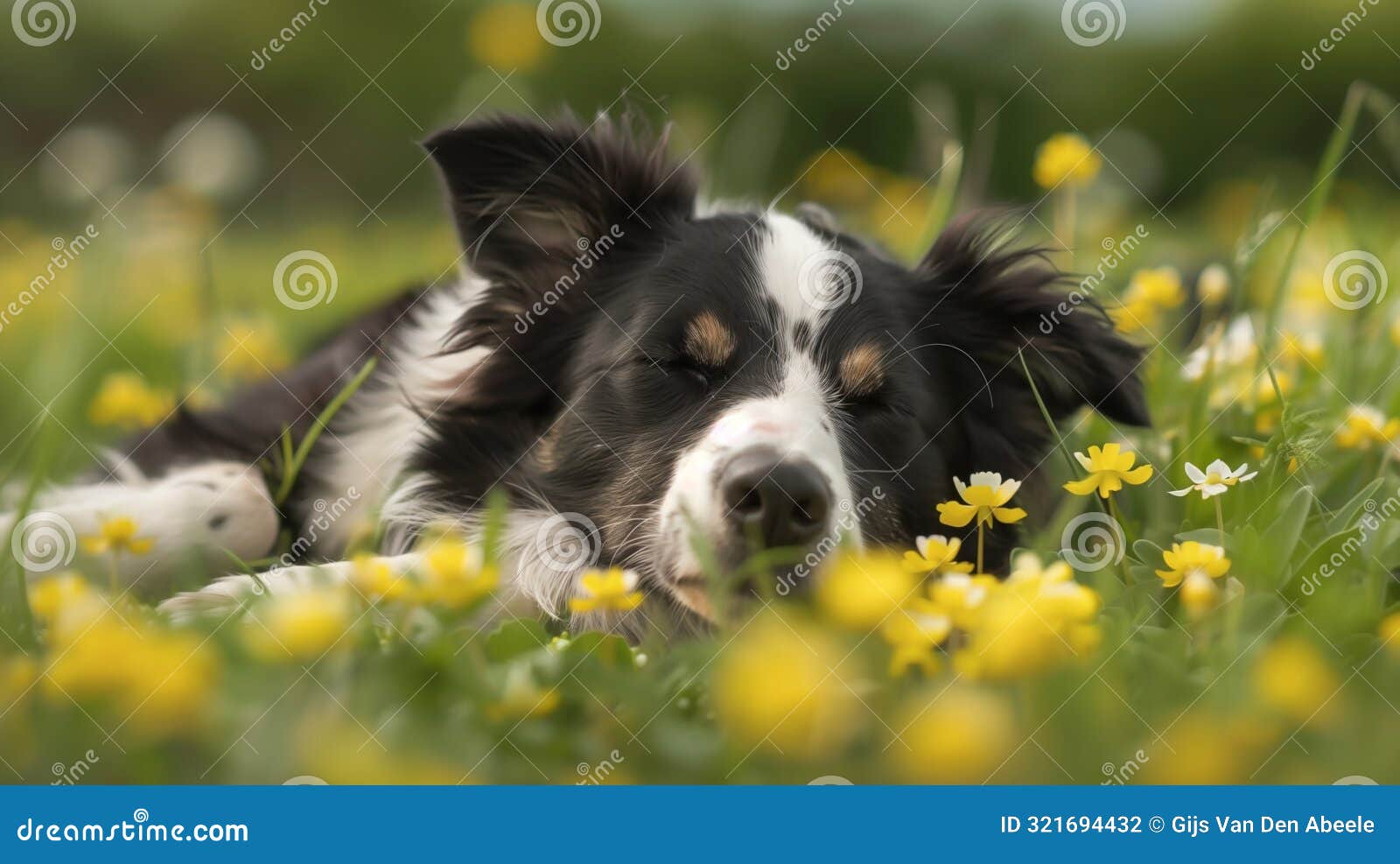 Sleeping Border Collie Dog in Yellow Flower Field Stock Illustration ...