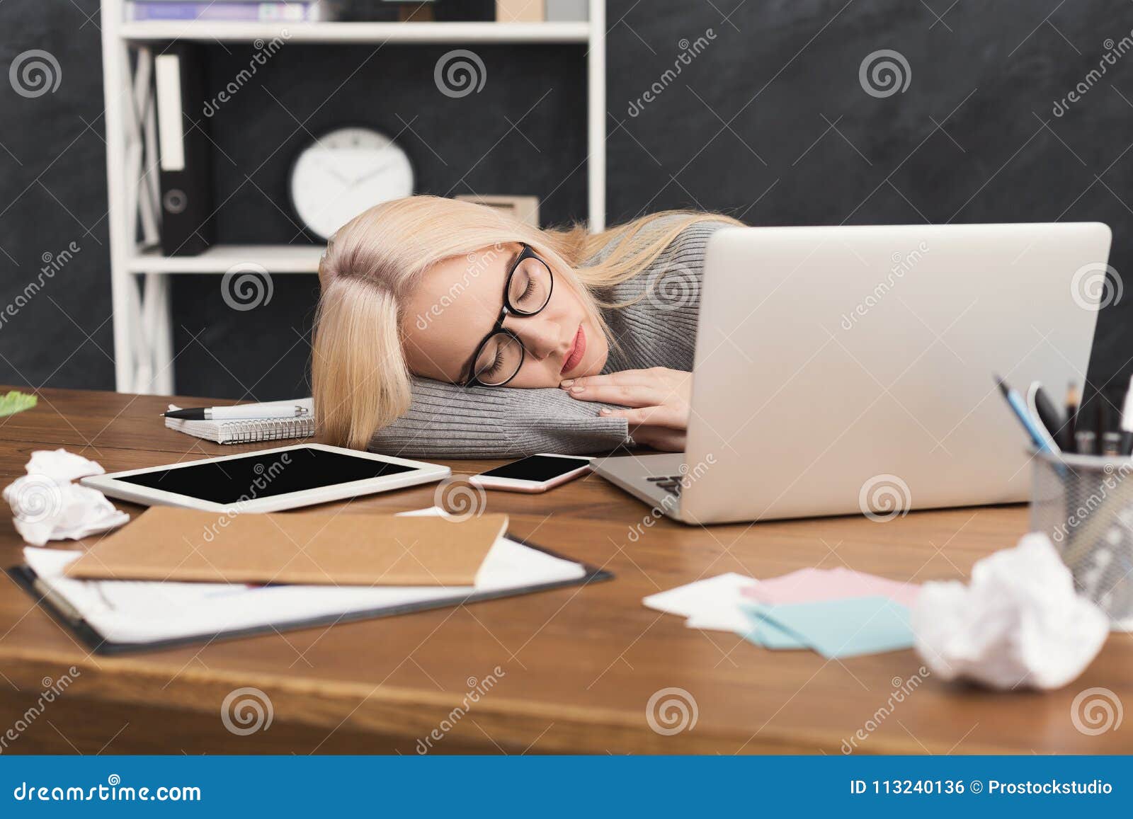 Sleeping Business Woman in Modern Office Stock Photo - Image of late ...