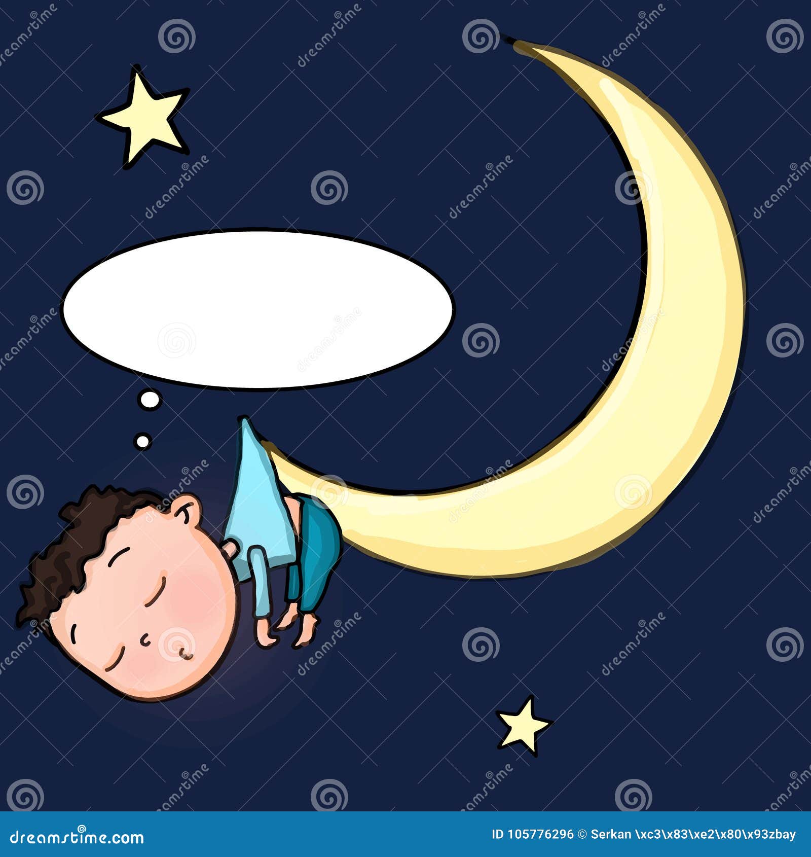 Sleeping Cute Boy the Moon Illustration Drawing and Dark Blue ...