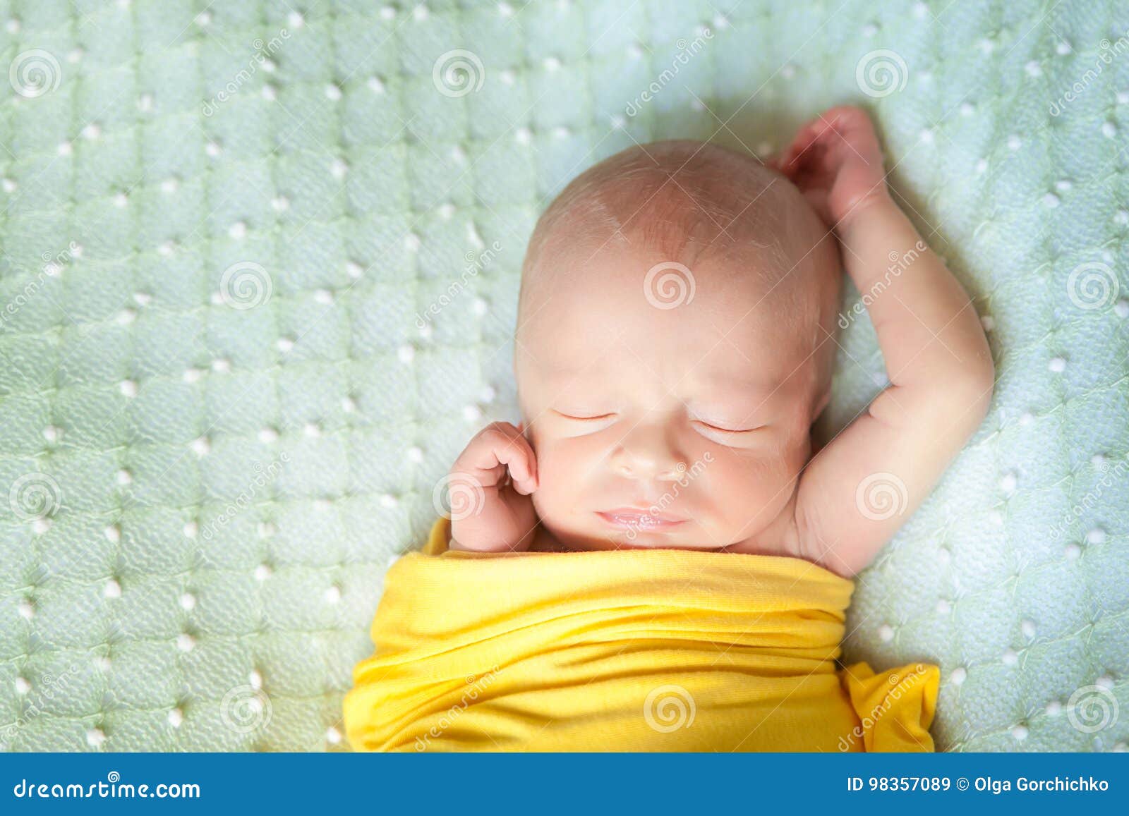 Sleeping Cute Newborn Baby on a Green Blanket Stock Image - Image of ...