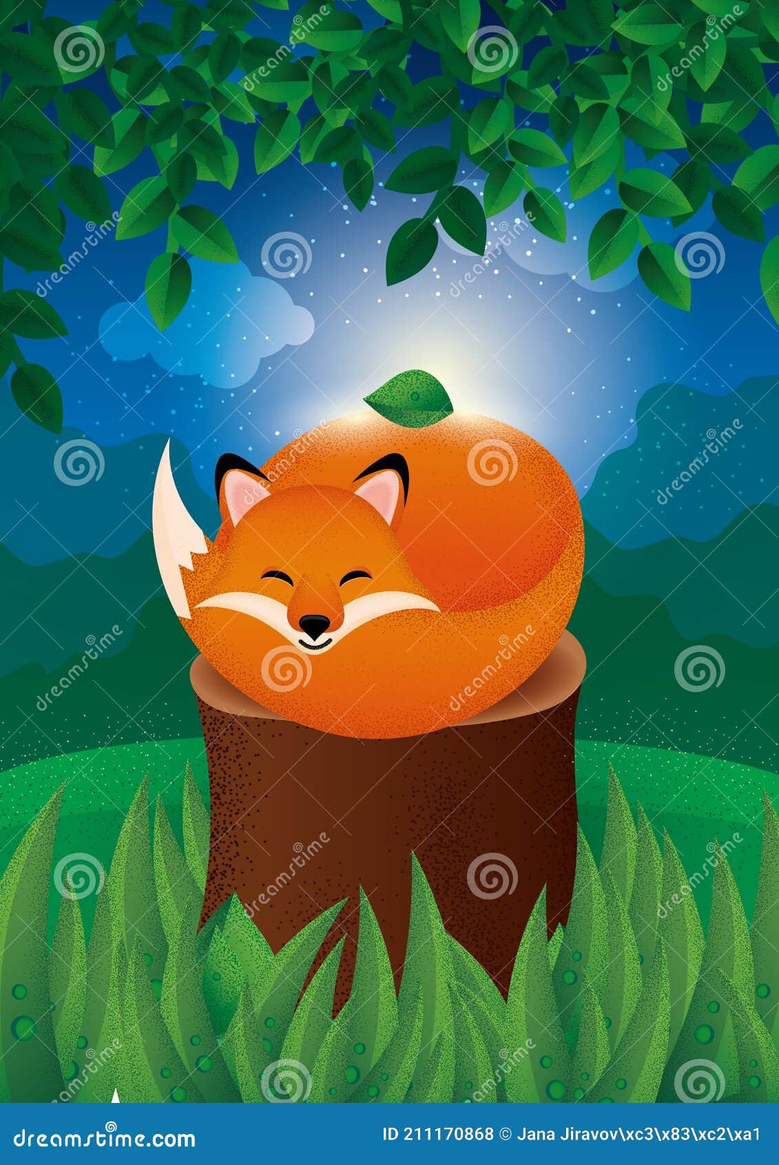 Sleeping Fox Cartoon Cute Animal in Forest Stock Illustration ...