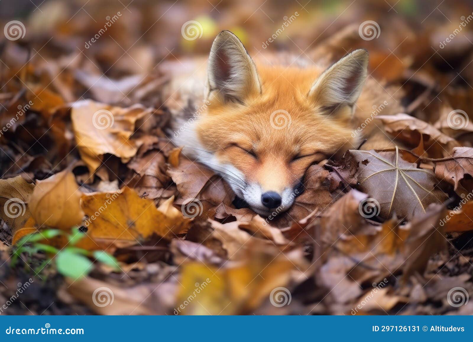 A Sleeping Fox Curled Up on a Pile of Leaves Stock Image - Image of ...