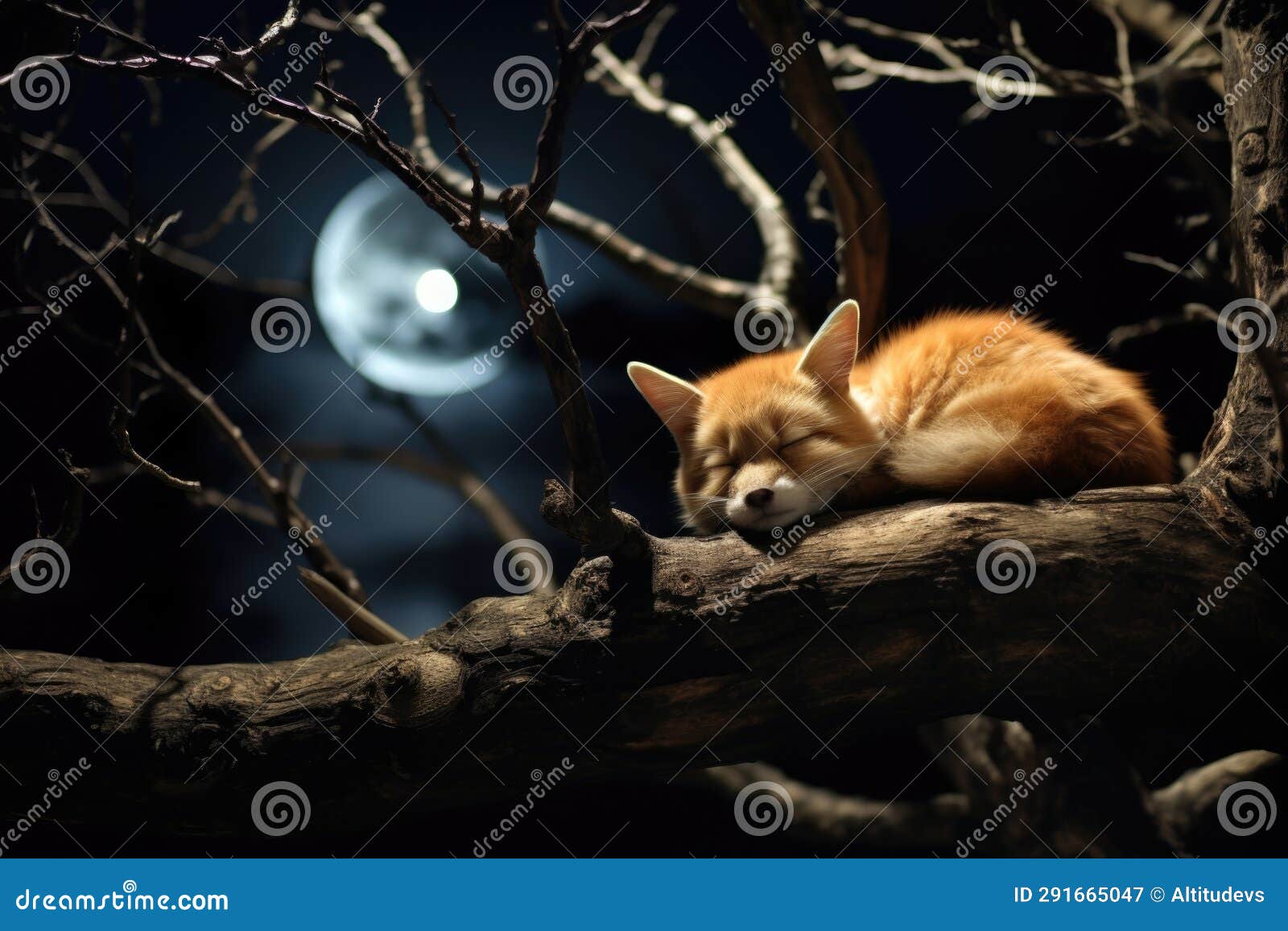 A Sleeping Fox on a Tree Branch Under the Moon Stock Image - Image of ...