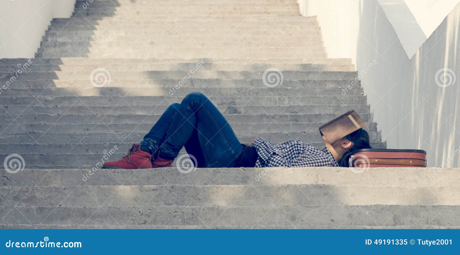 Sleeping Girl on the Stairs with Book Stock Image - Image of lying ...