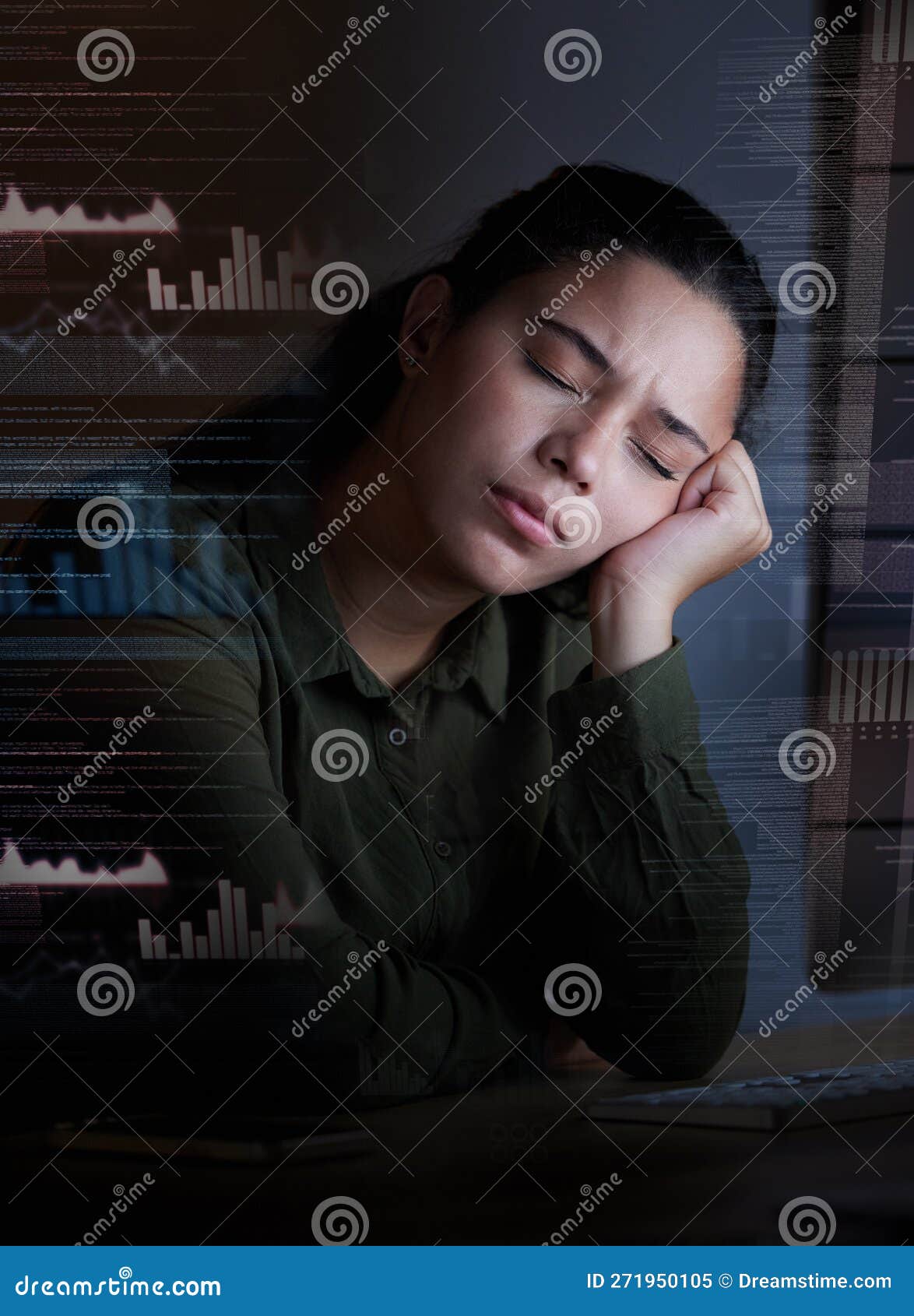 Sleeping, Hologram and Woman with Stress at Night for Coding ...