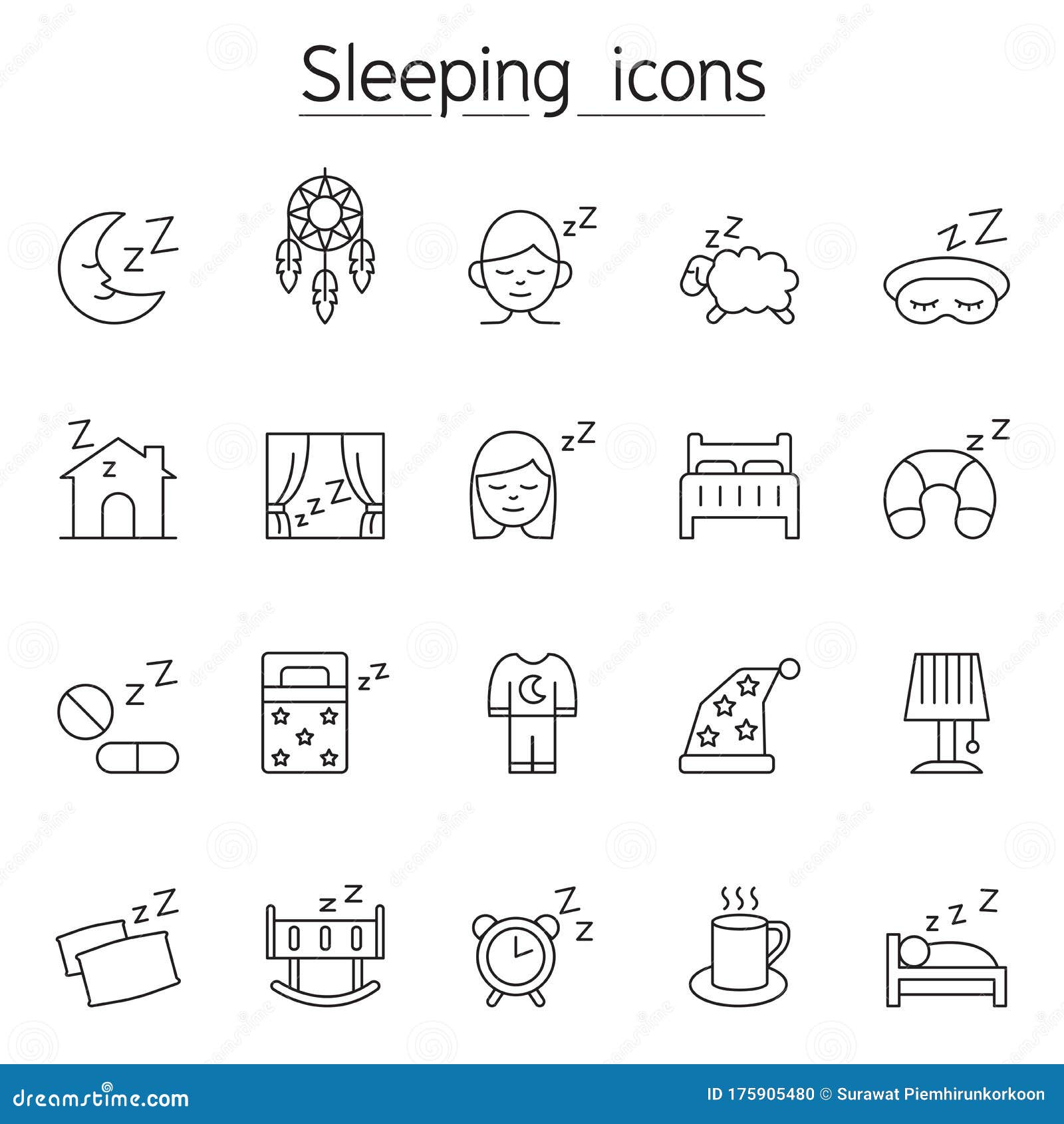 Sleeping Icon Set in Thin Line Style Stock Illustration - Illustration ...