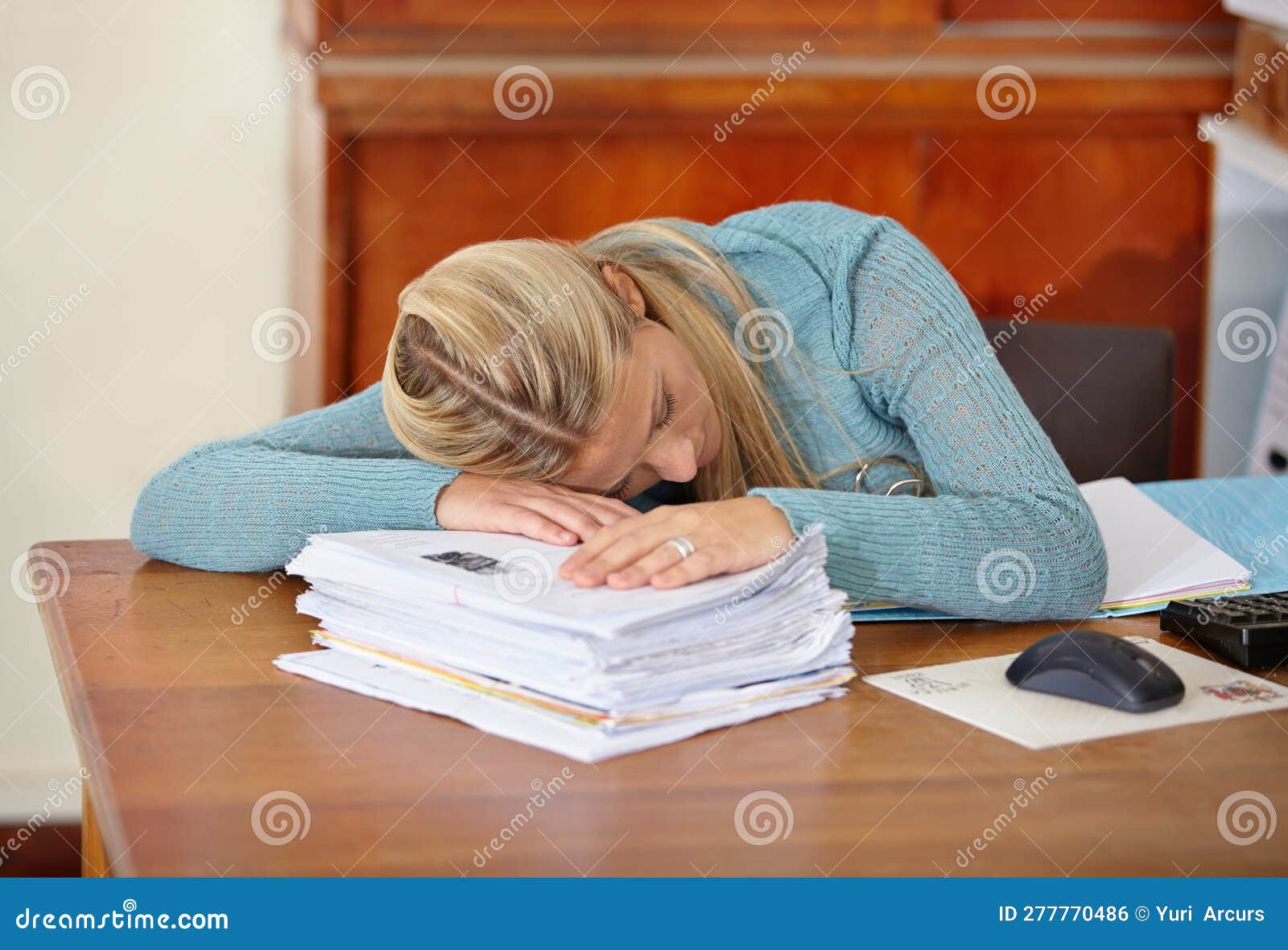 Sleeping on the Job. a Passed Out Teacher at Her Desk with Marking ...