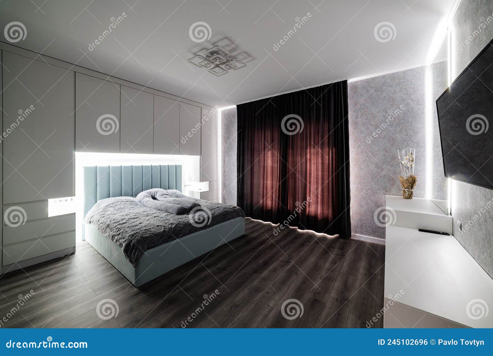 Sleeping Room with Backlight and Large Bed Stock Photo - Image of claus ...