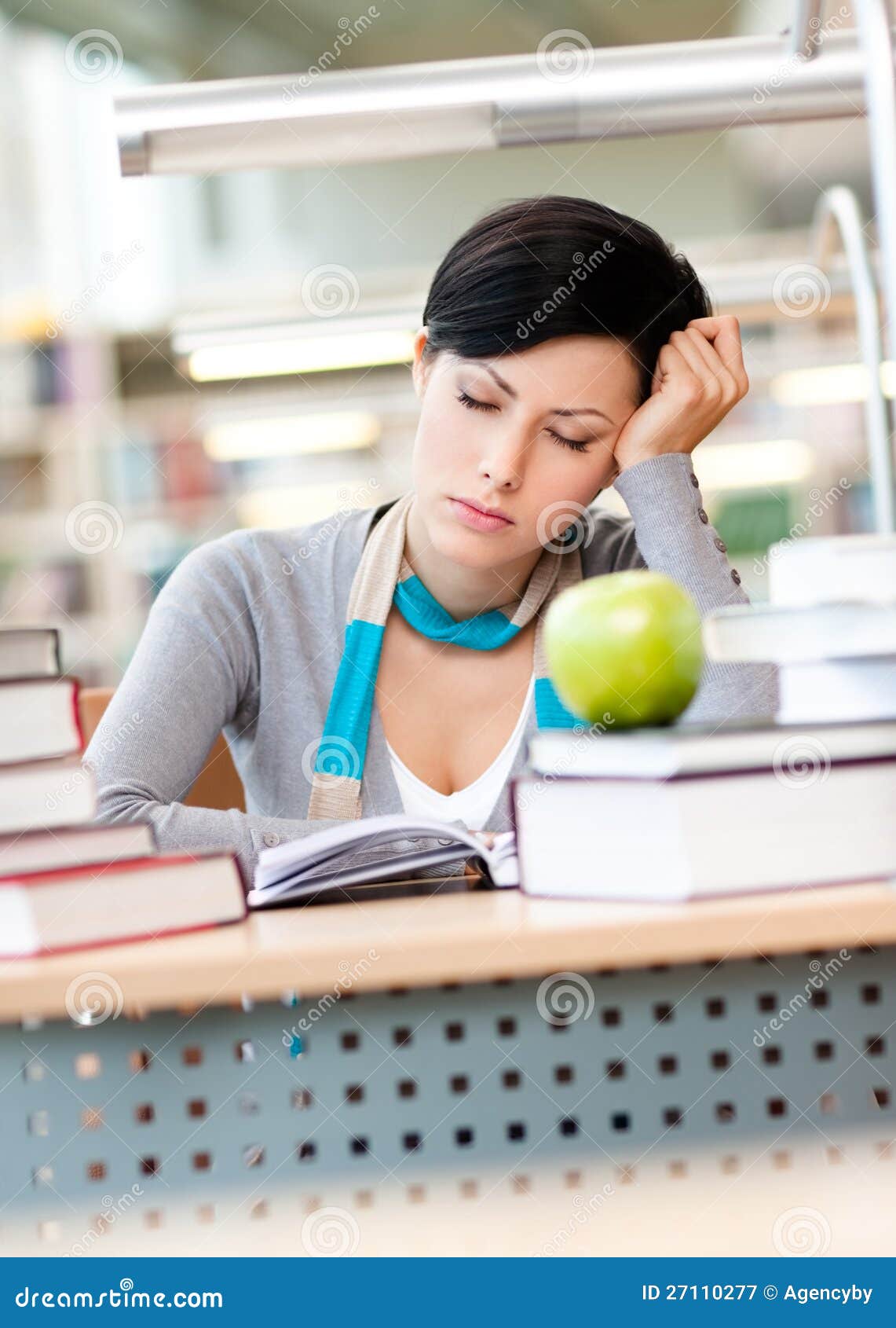 Sleeping Student at the Reading Hall Stock Image - Image of brunette ...