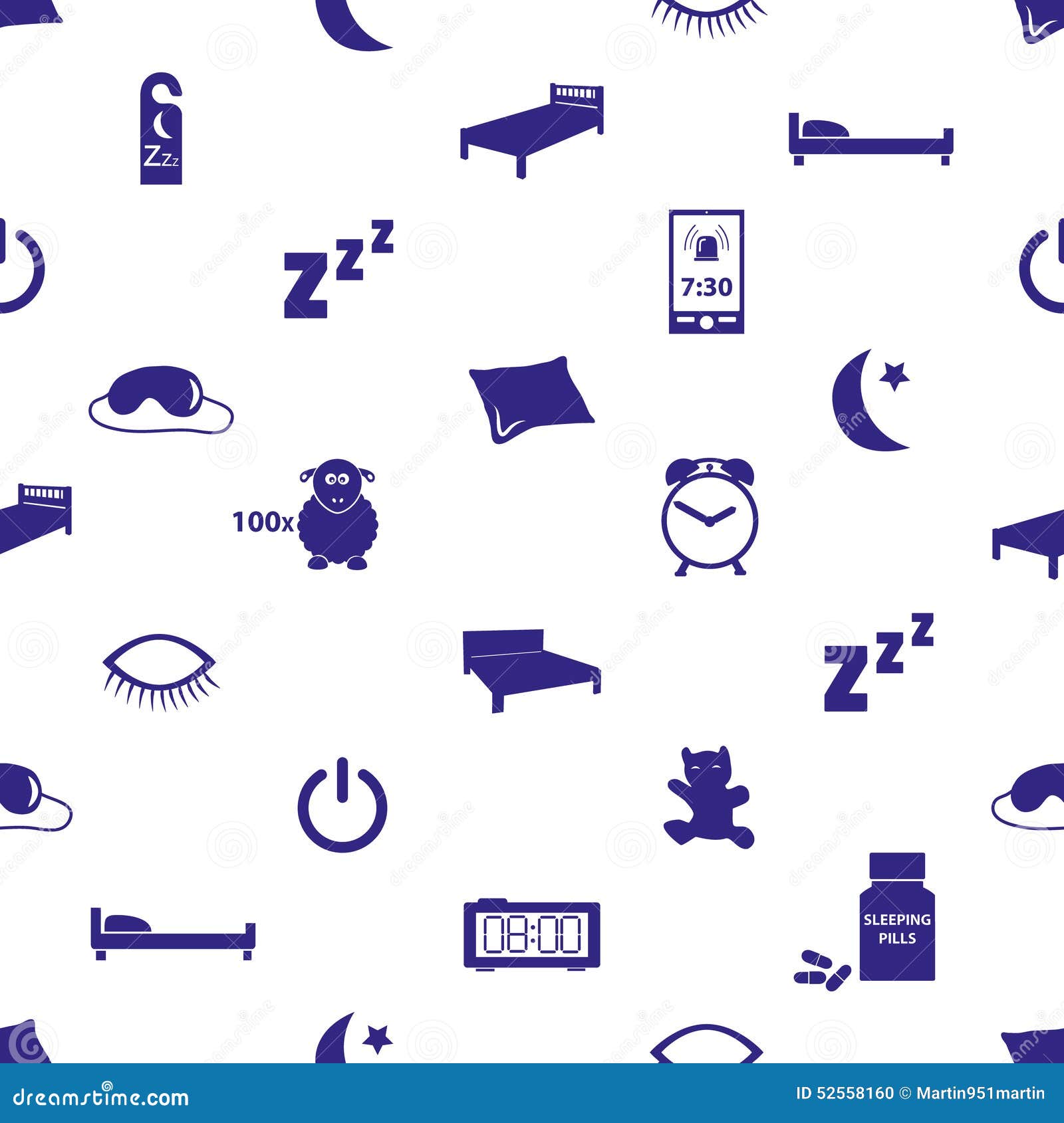 Sleeping Time Blue Icons Seamless Pattern Stock Vector - Illustration ...