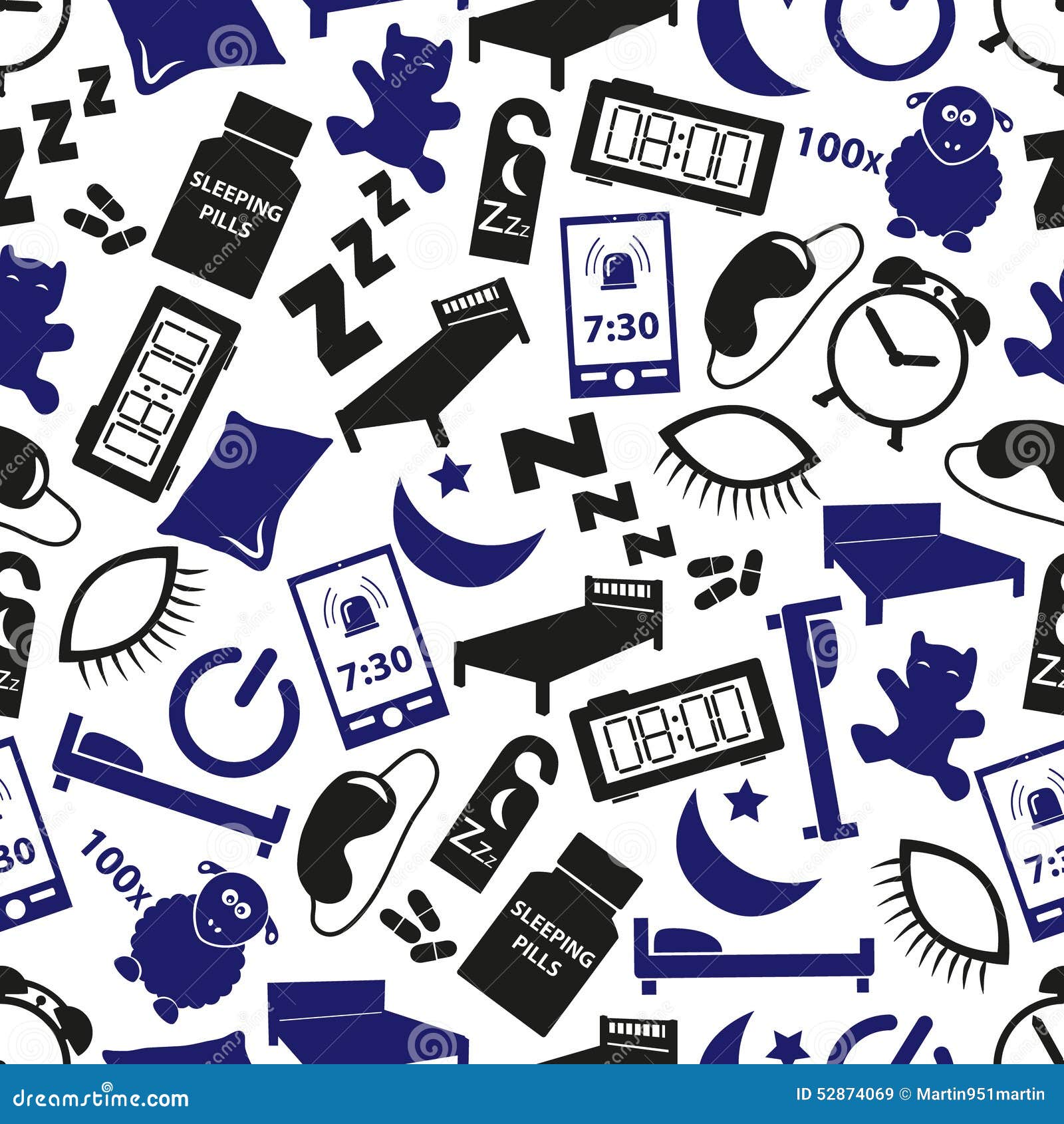 Sleeping Time Blue Icons Seamless Pattern Stock Vector - Illustration ...