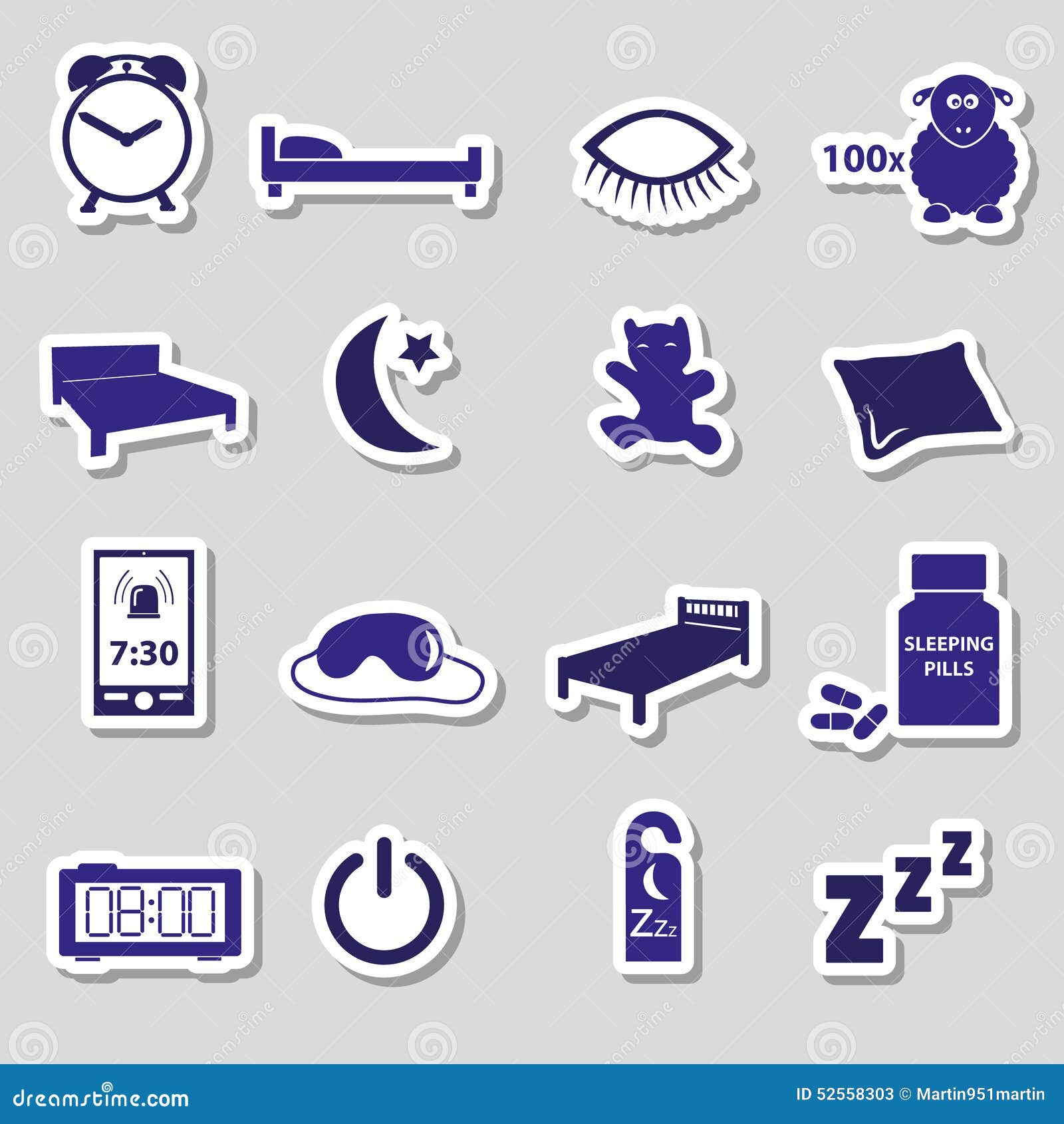 Sleeping Time Blue Stickers Symbols Set Stock Vector - Illustration of ...