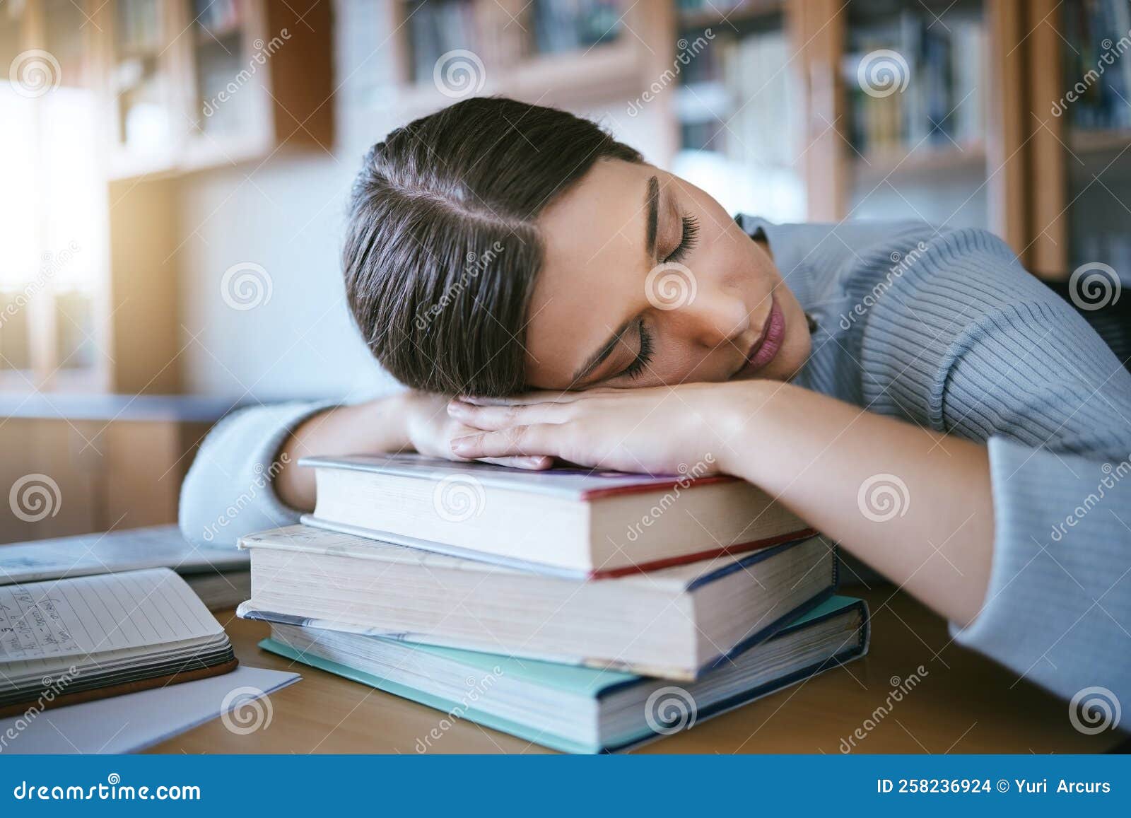 Sleeping, Tired and Fatigue Student with Books Studying for University ...