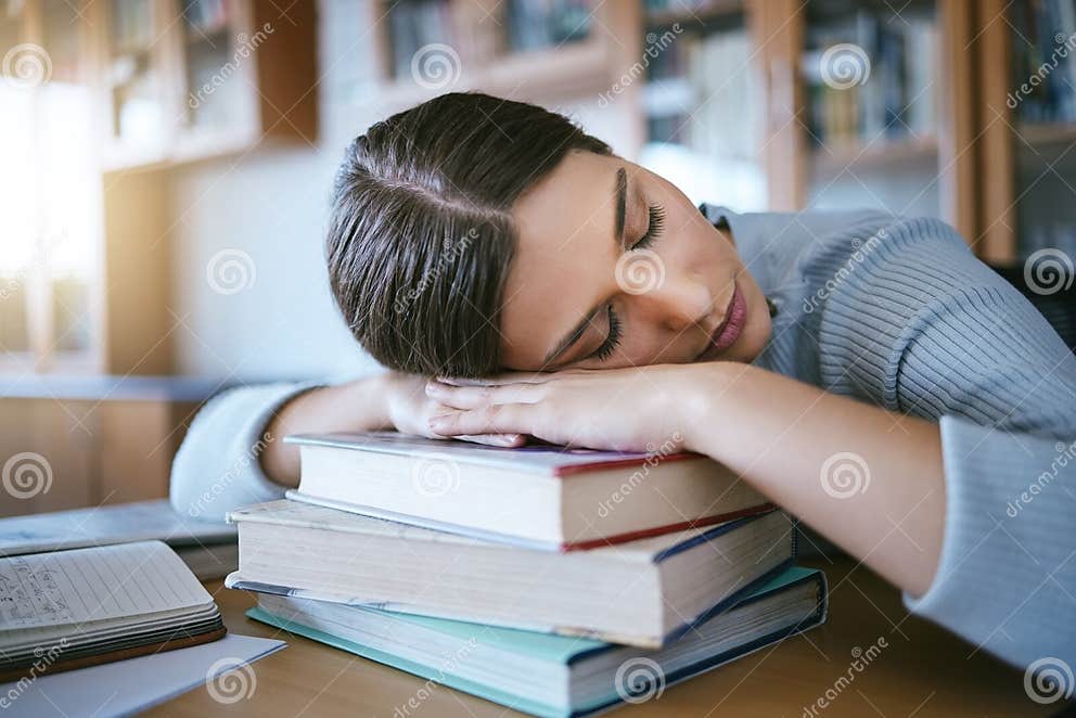 Sleeping, Tired and Fatigue Student with Books Studying for University ...
