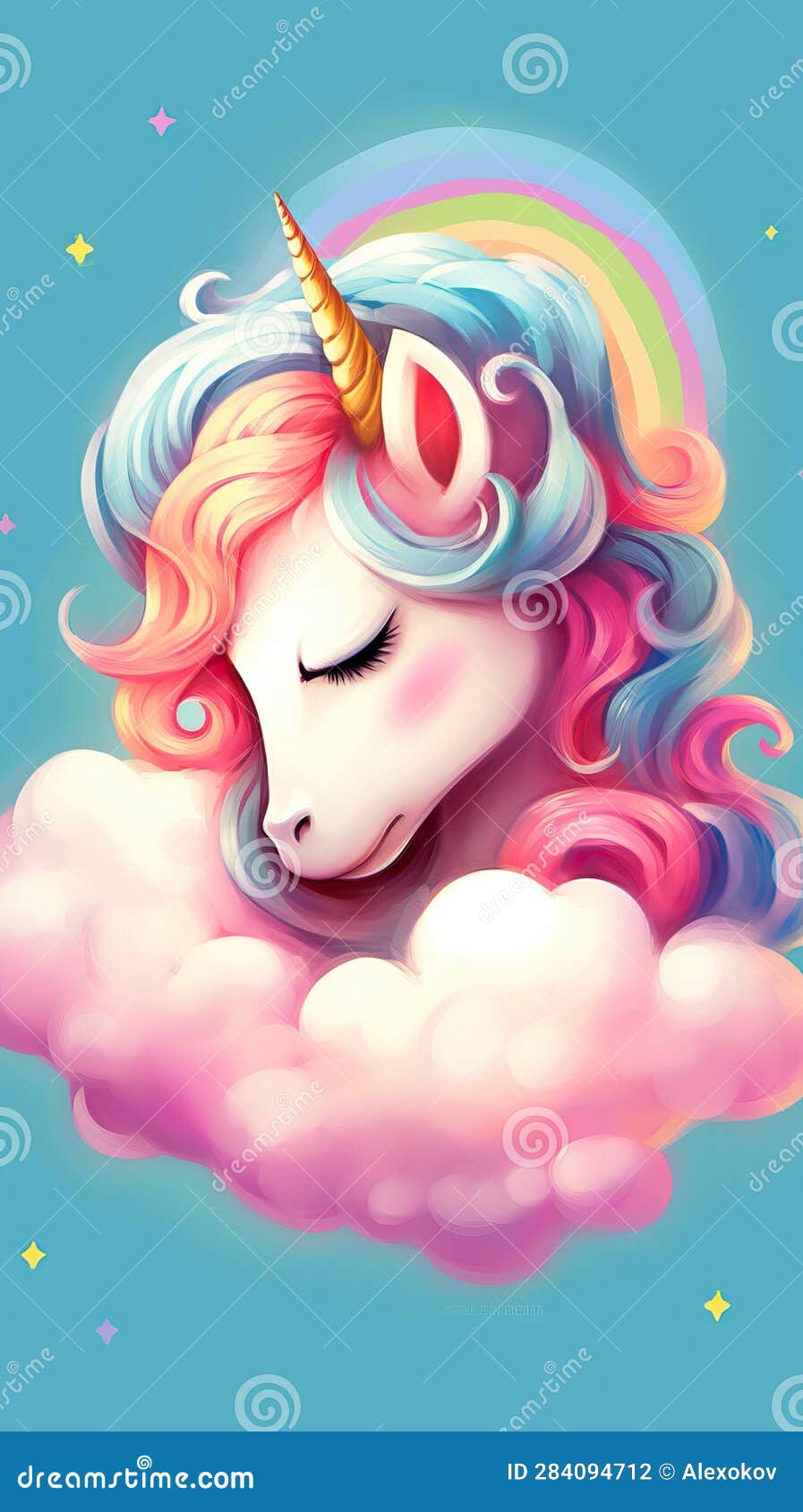 Sleeping Unicorn with Rainbow Mane and Tail on a Cloud AI Generated ...