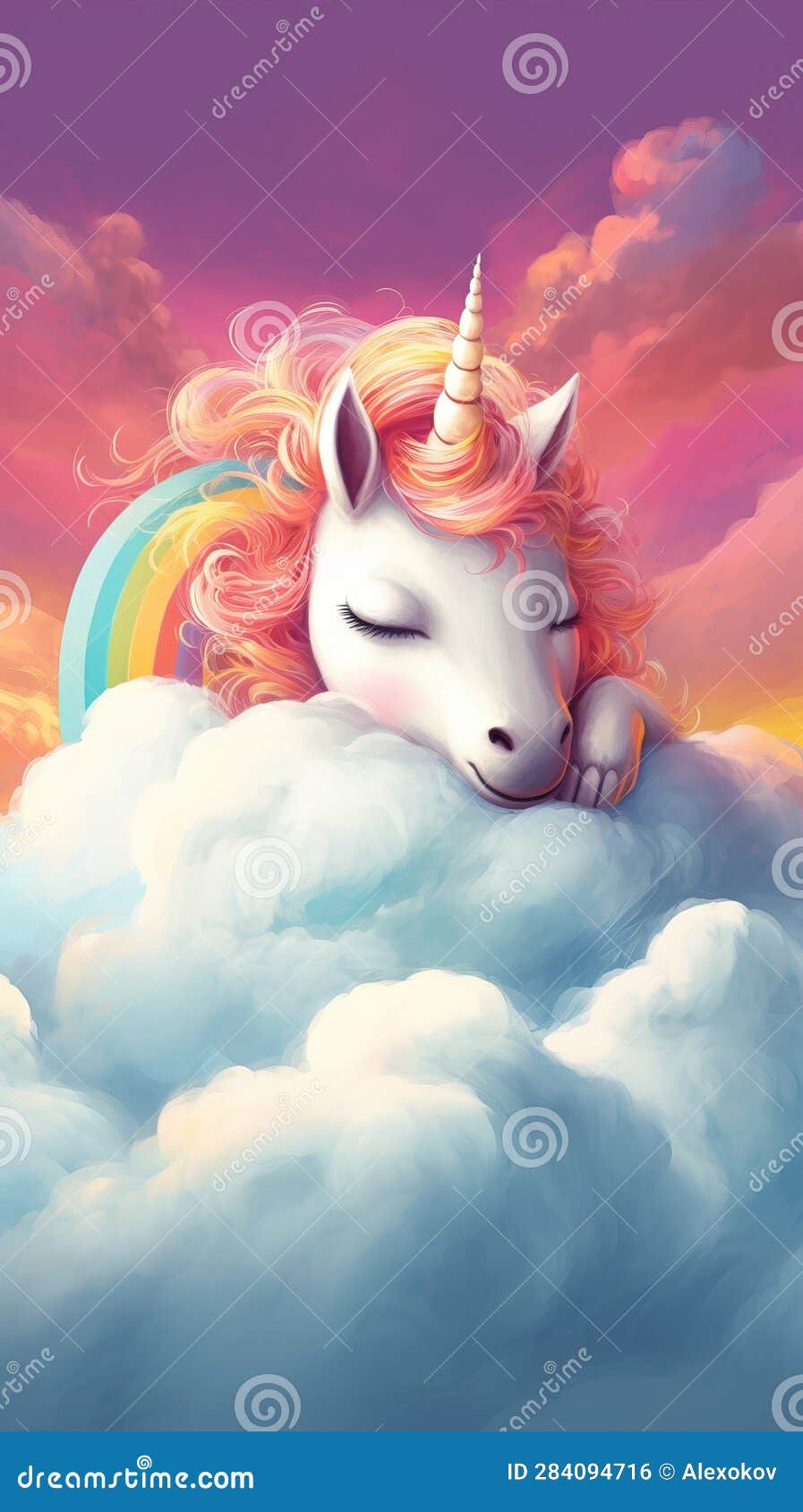 Sleeping Unicorn with Rainbow Mane and Tail on a Cloud AI Generated ...