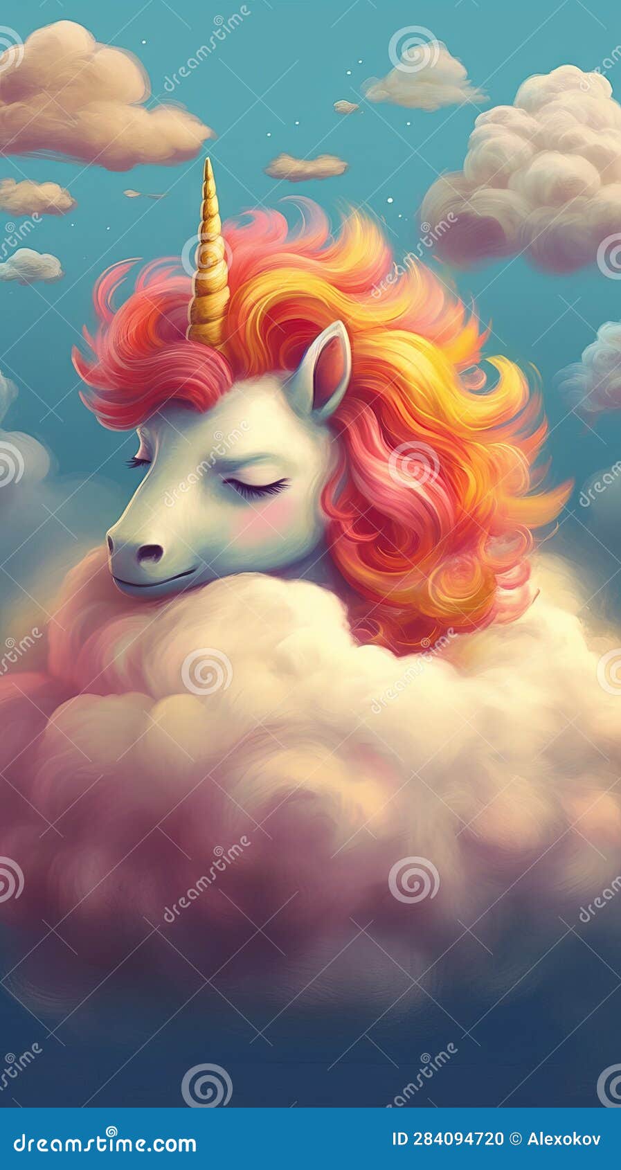 Sleeping Unicorn with Rainbow Mane and Tail on a Cloud AI Generated ...