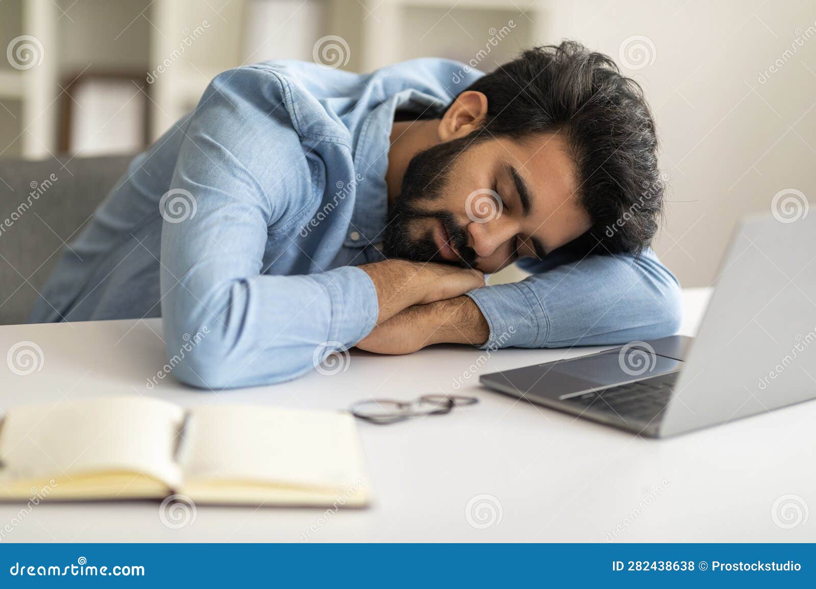 Sleeping at Work. Overworked Freelancer Guy Napping at Workplace at ...