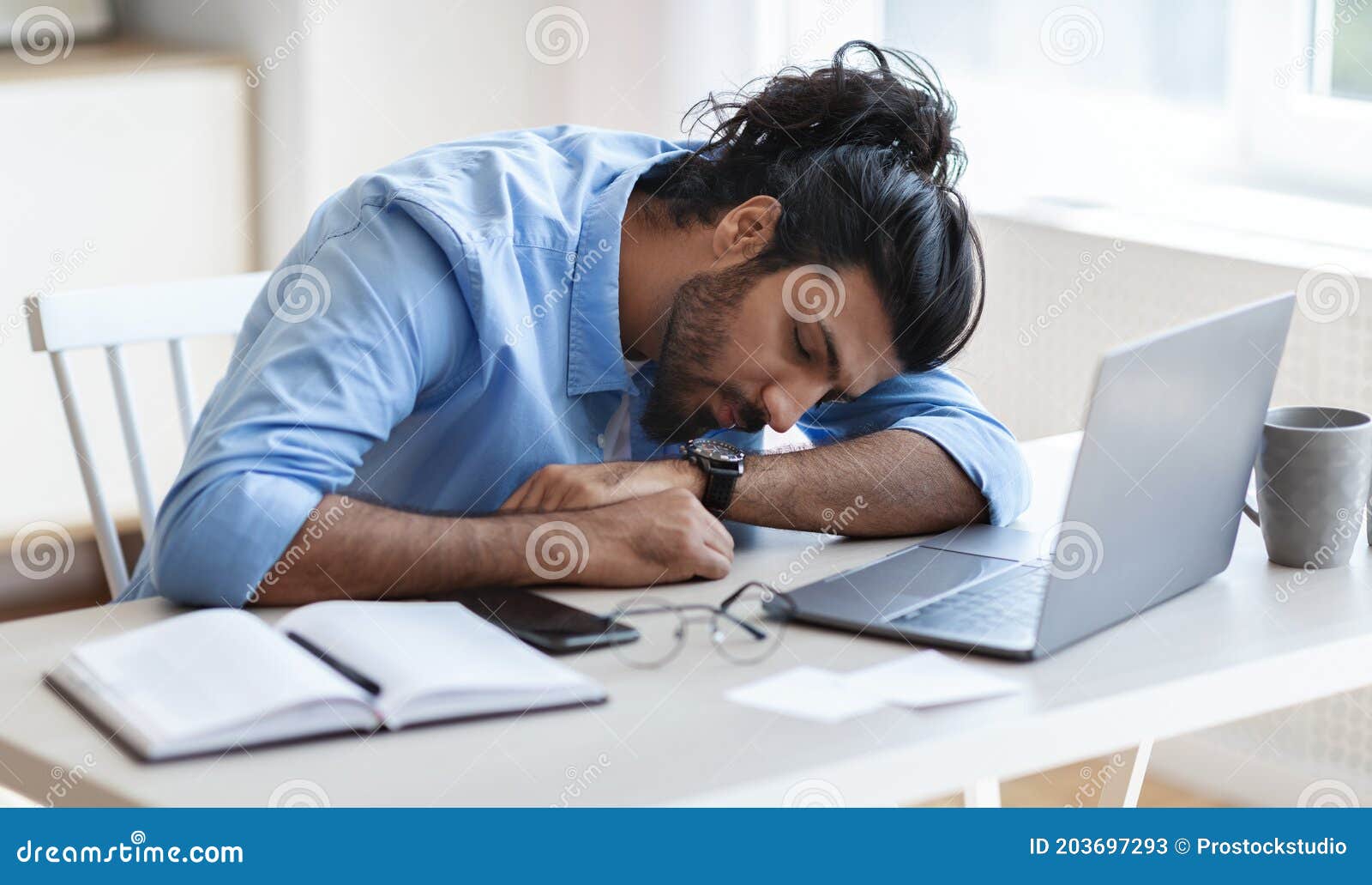 Sleeping at Work. Overworked Freelancer Guy Napping at Workplace at ...
