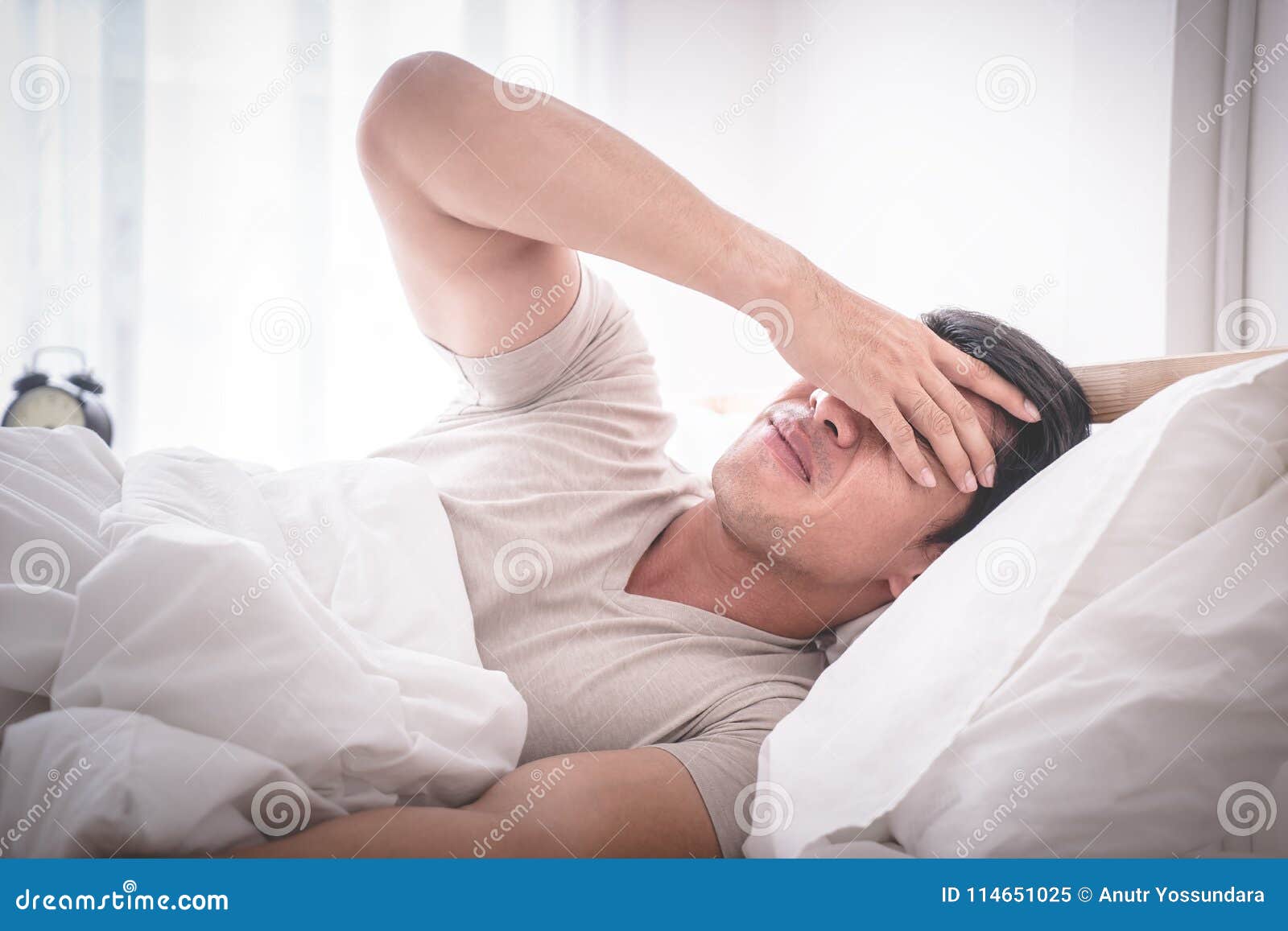 Sleepless Hangover Man on Bed Up with Headache Stock Image - Image of ...