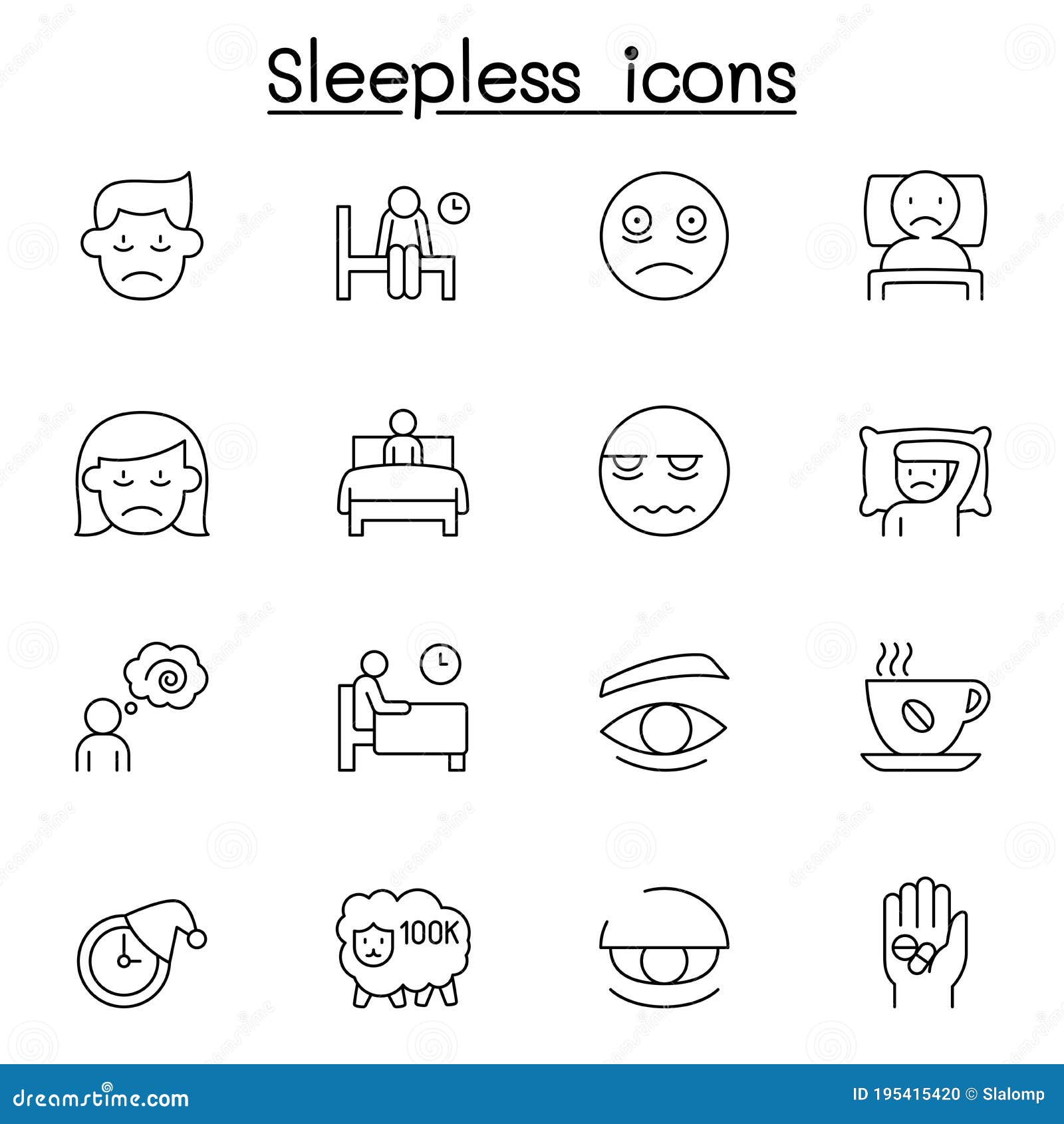 Sleepless Icons Set in Thin Line Style Stock Vector - Illustration of ...