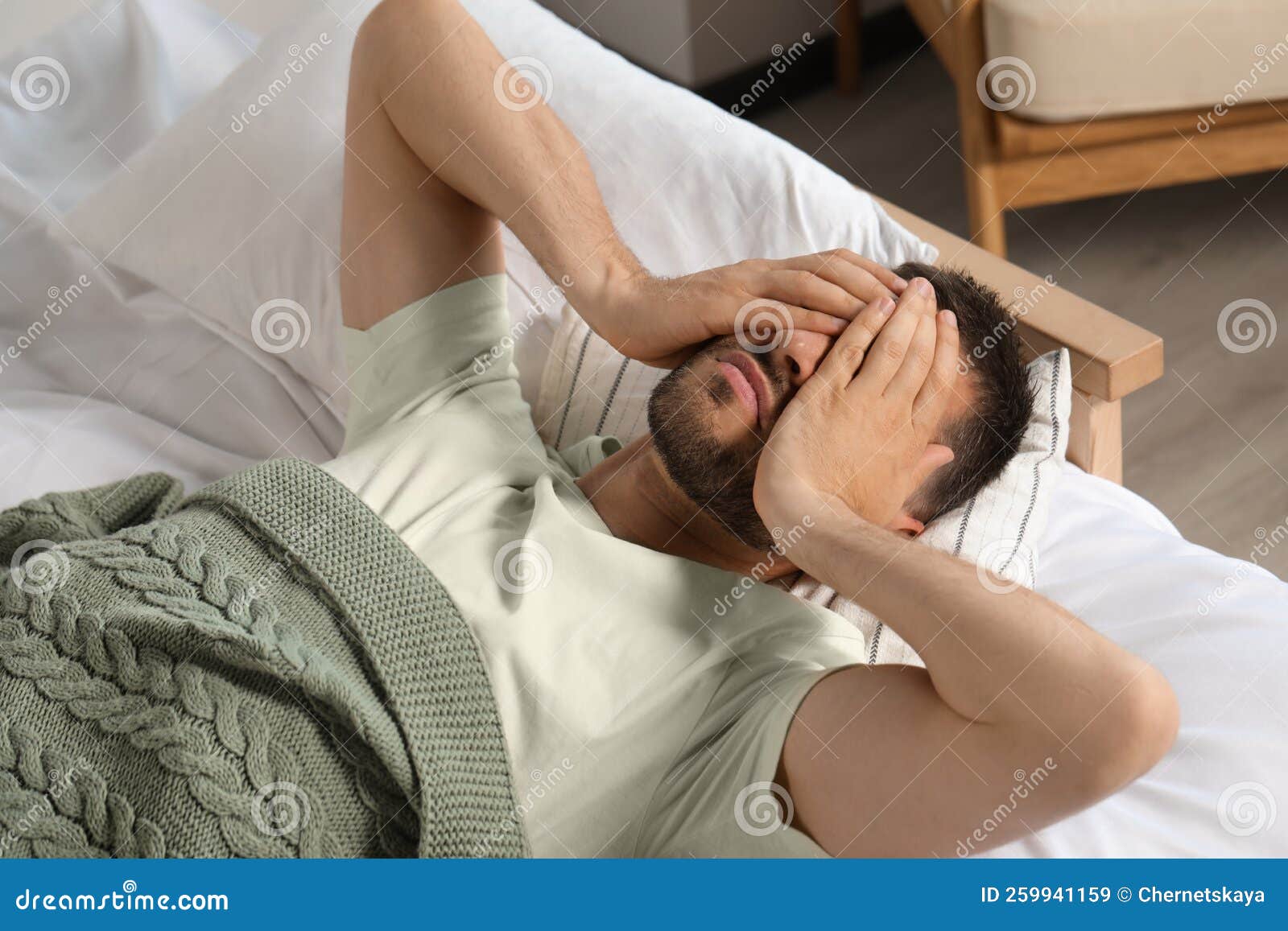 Sleepless Man Lying In Bed At Home Stock Image Image Of Blanket