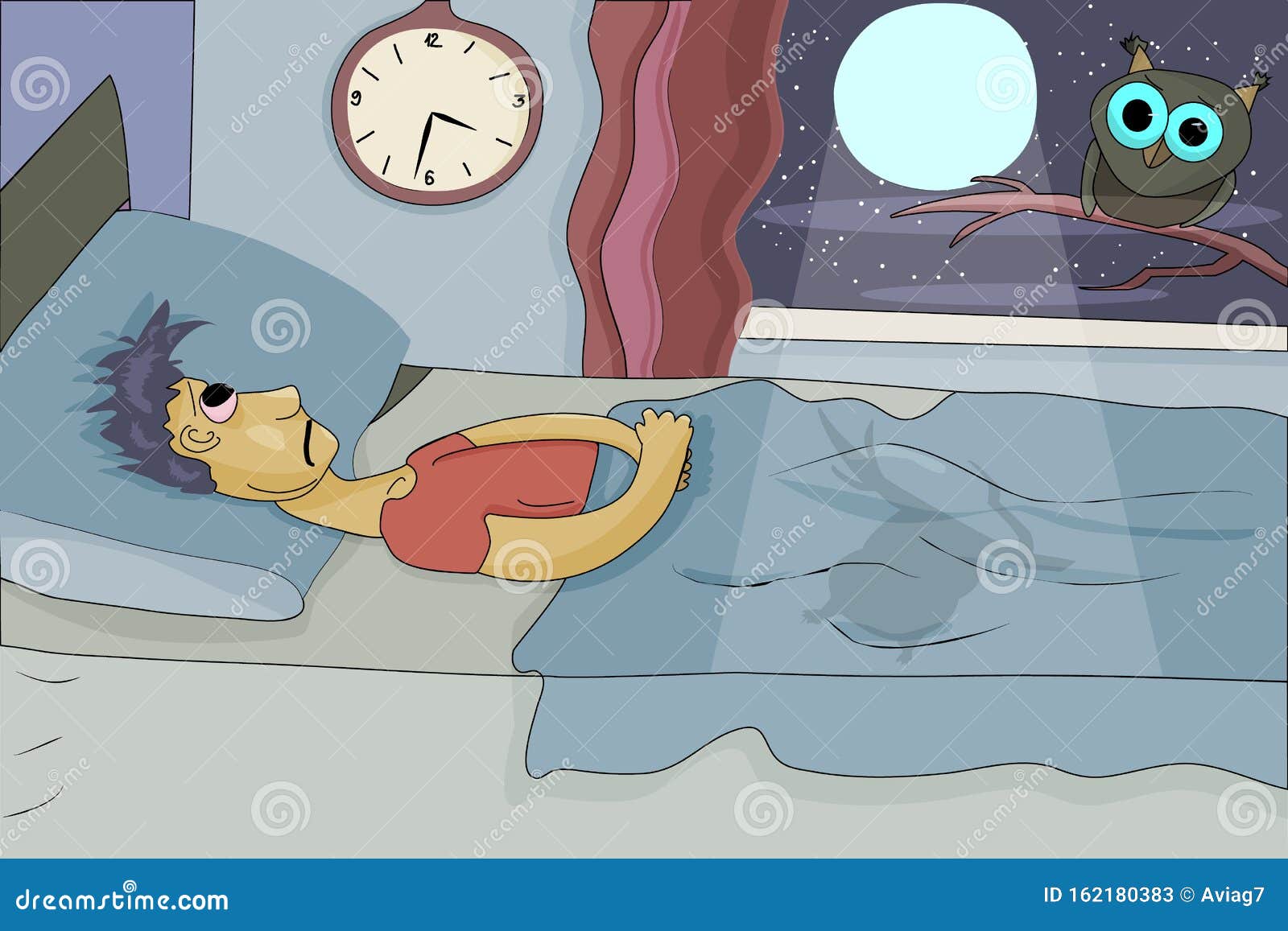 Sleepless Man Lying In Bed Insomnia Cartoon Old Man Having Trouble