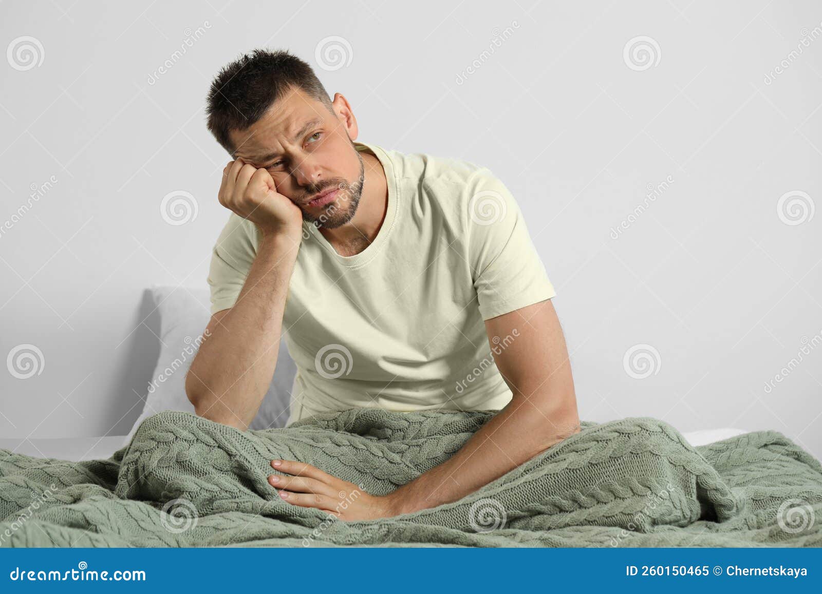 Sleepless Man Sitting on Bed at Home Stock Image - Image of early ...
