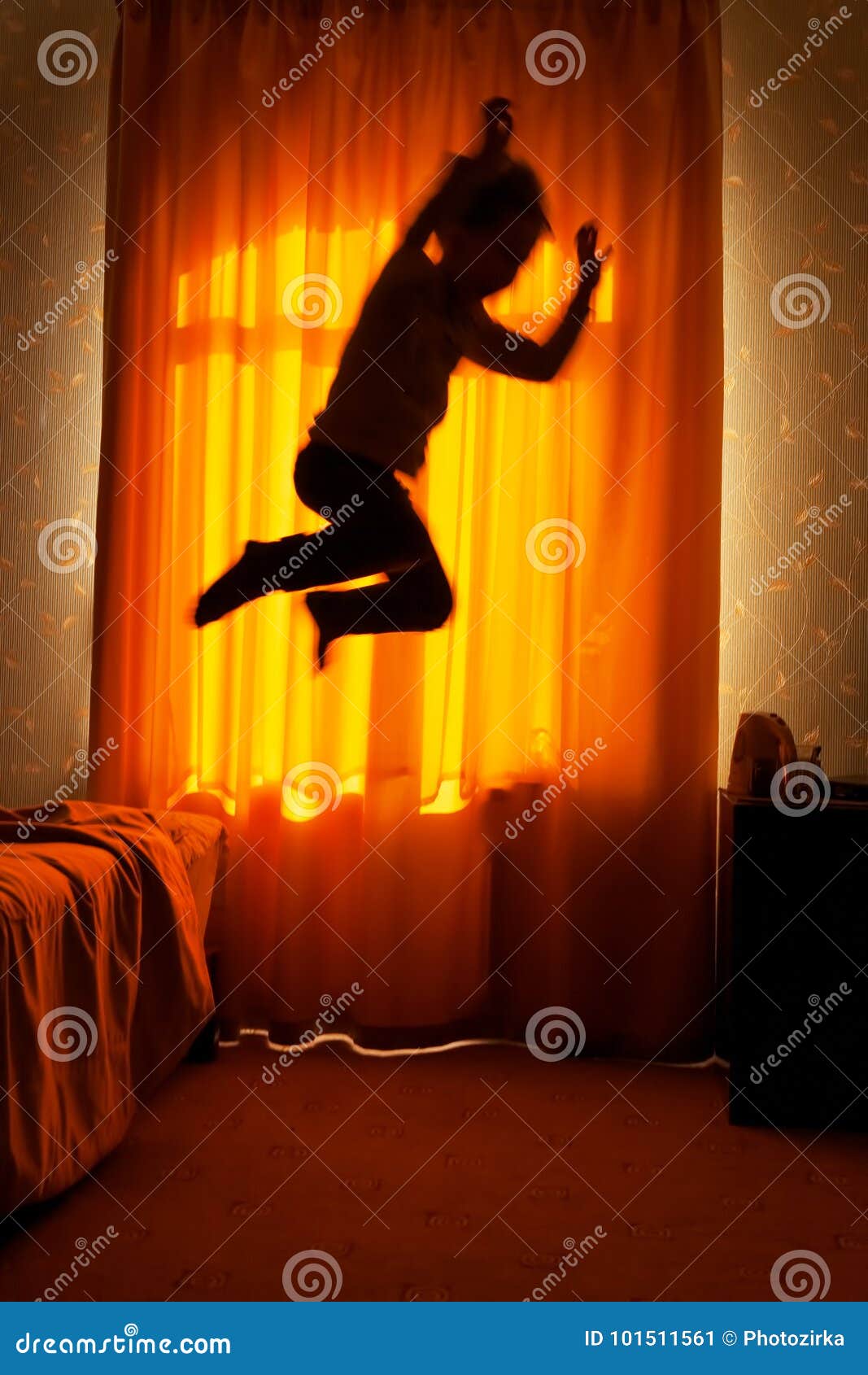 Boy Sleepwalker Jumping from Bed Stock Image - Image of danger, moony ...