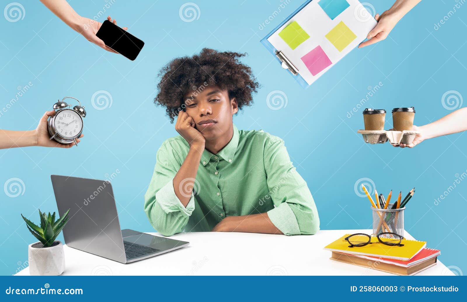 Sleepy Black Guy Surrounded by Hands with Different Stuff Stock Image ...