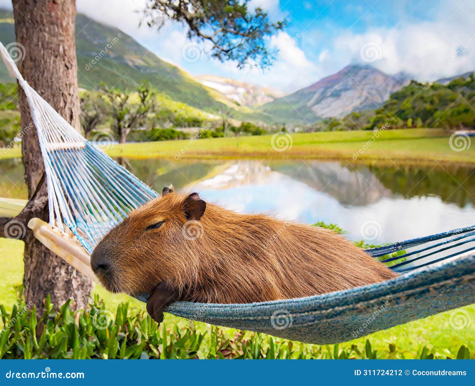 Sleepy Capybara Relaxing in a Hammock Under Big Tree Stock Illustration ...