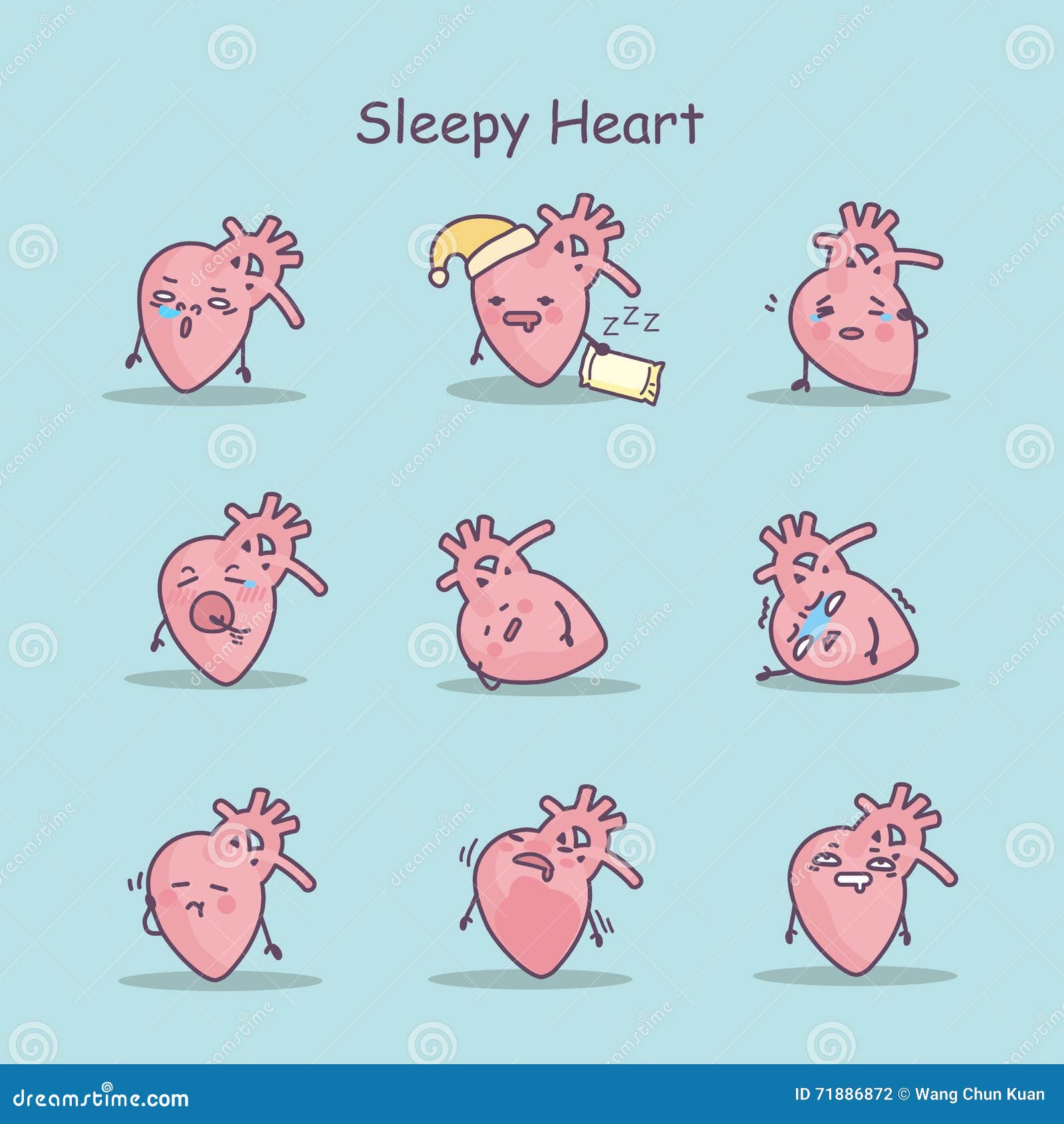 Sleepy cartoon heart set stock vector. Illustration of biology - 71886872