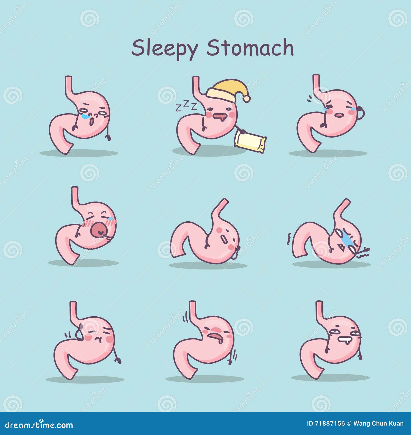 Sleepy cartoon stomach set stock vector. Illustration of dream - 71887156