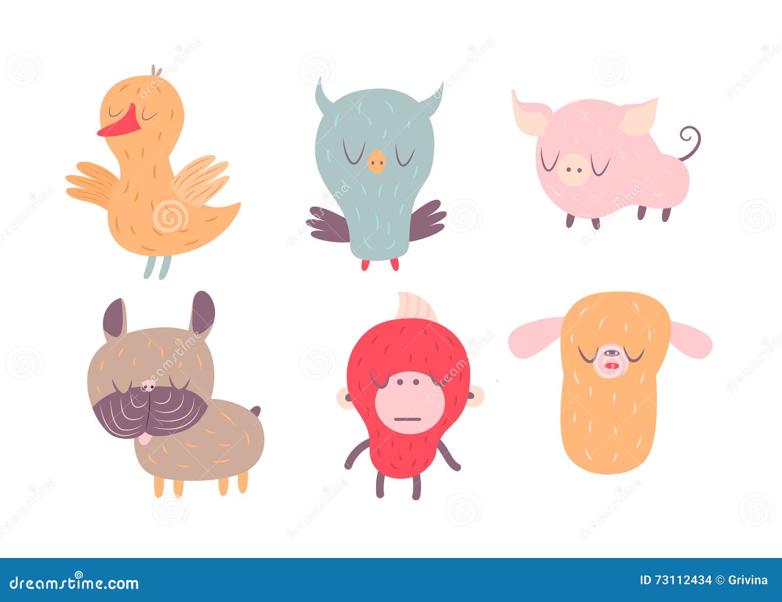 Sleepy creatures set stock vector. Illustration of cartoon - 73112434
