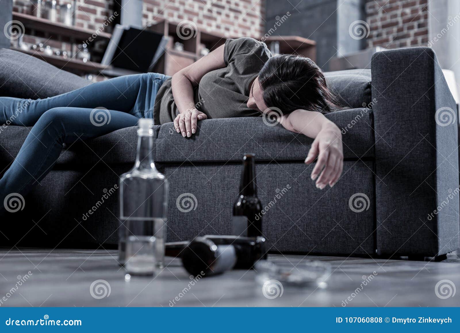 Sleepy Drunk Woman Lying on the Sofa Stock Photo - Image of risk ...