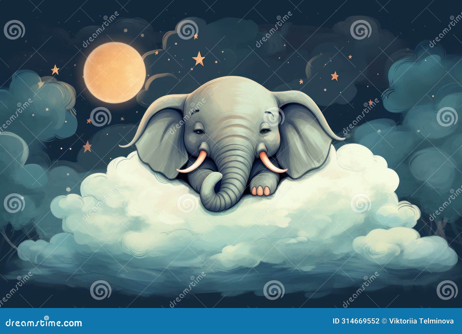 A Sleepy Elephant Sleeps on a Cloud, Cartoon Illustration Stock Photo ...