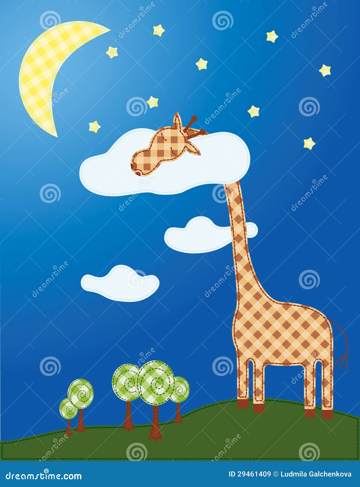 Sleepy Giraffe With Cloudy Background And Moon And Stars In CMYK Colors ...
