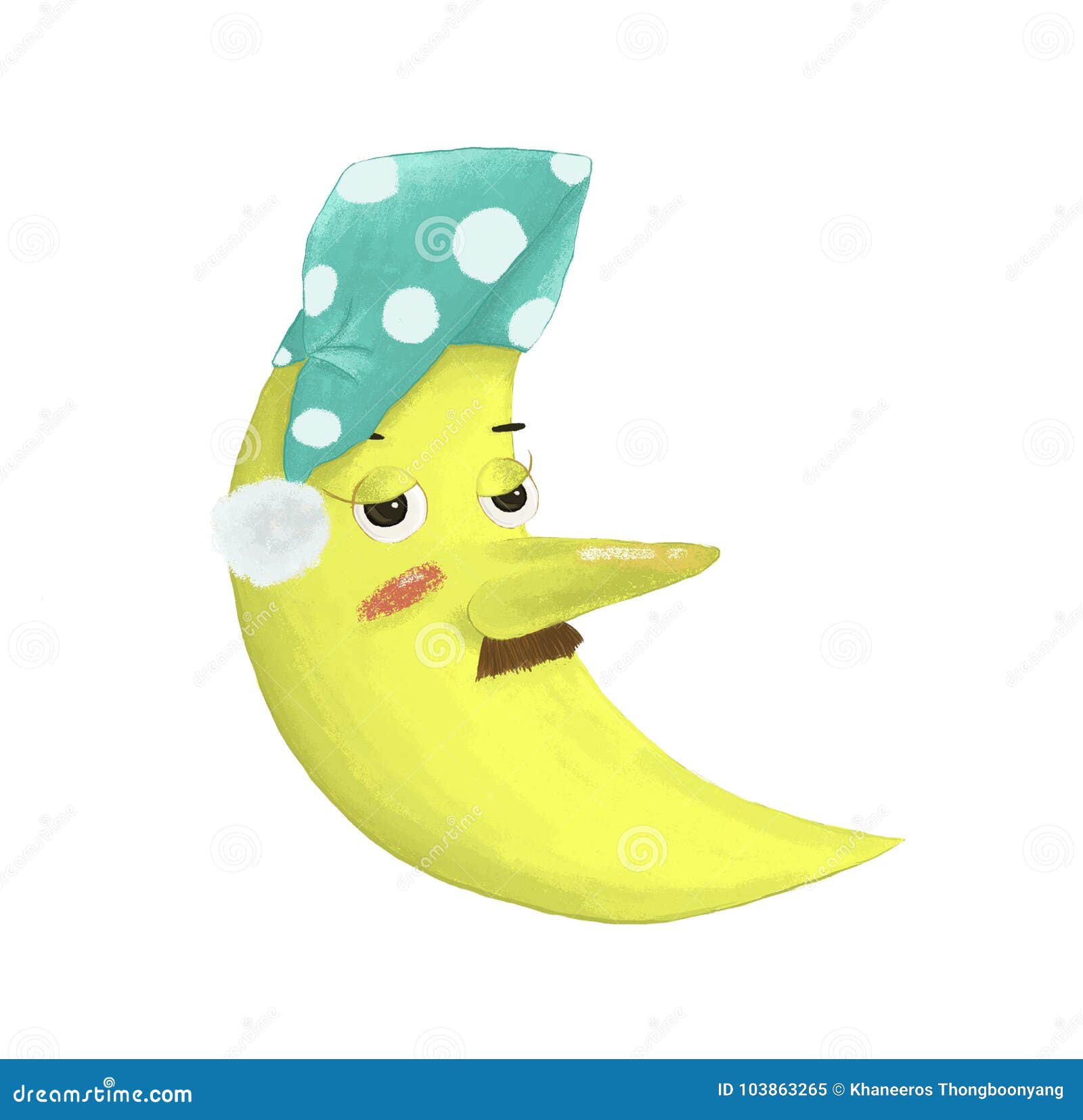Sleepy Half Moon in Sleeping Hat Isolated on White Background, Hand ...